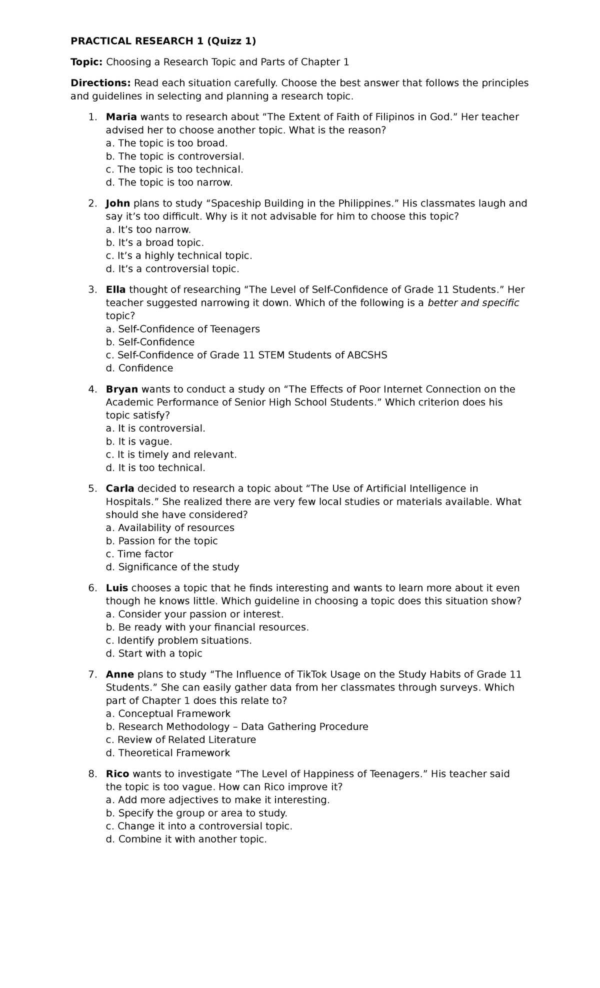 PRACTICAL RESEARCH 1 (Quiz 1): Selecting a Research Topic & Chapter 1 ...