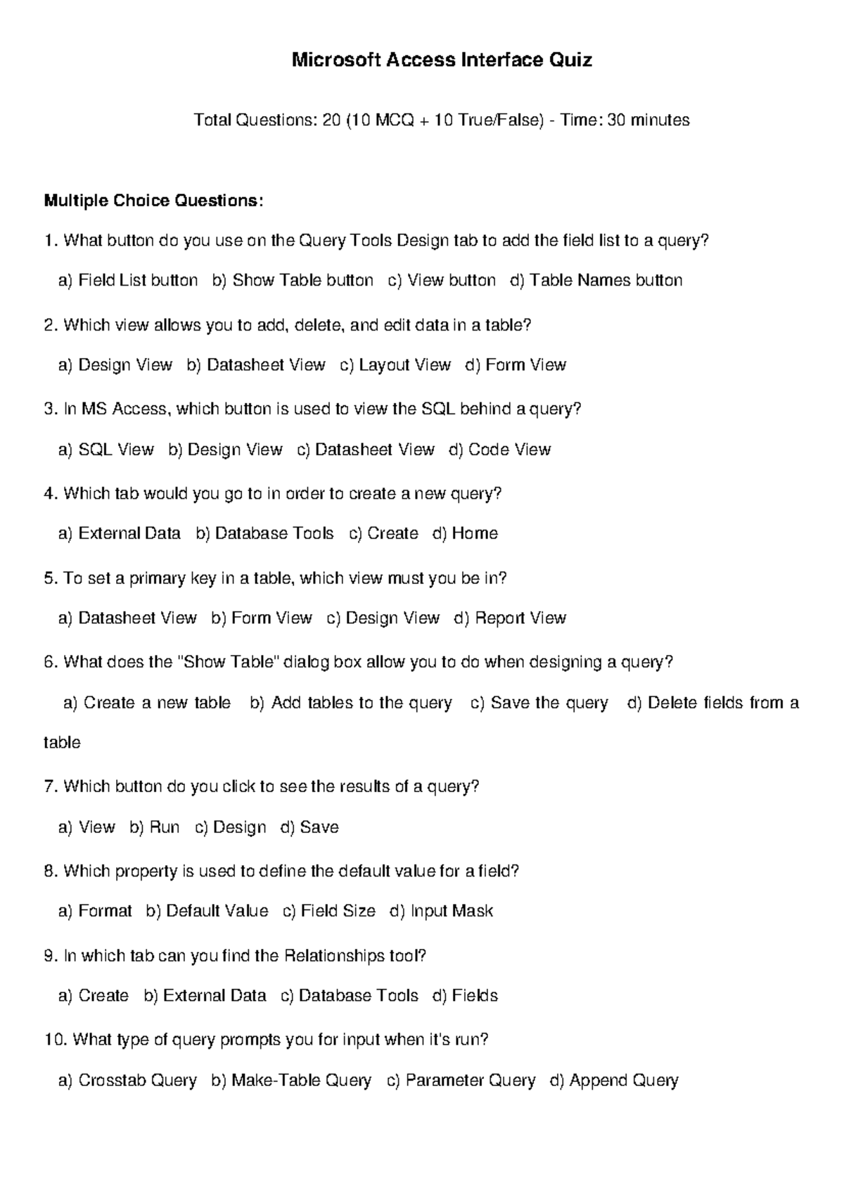MS Access Interface Quiz (20 Qs, 30 min) - Studocu