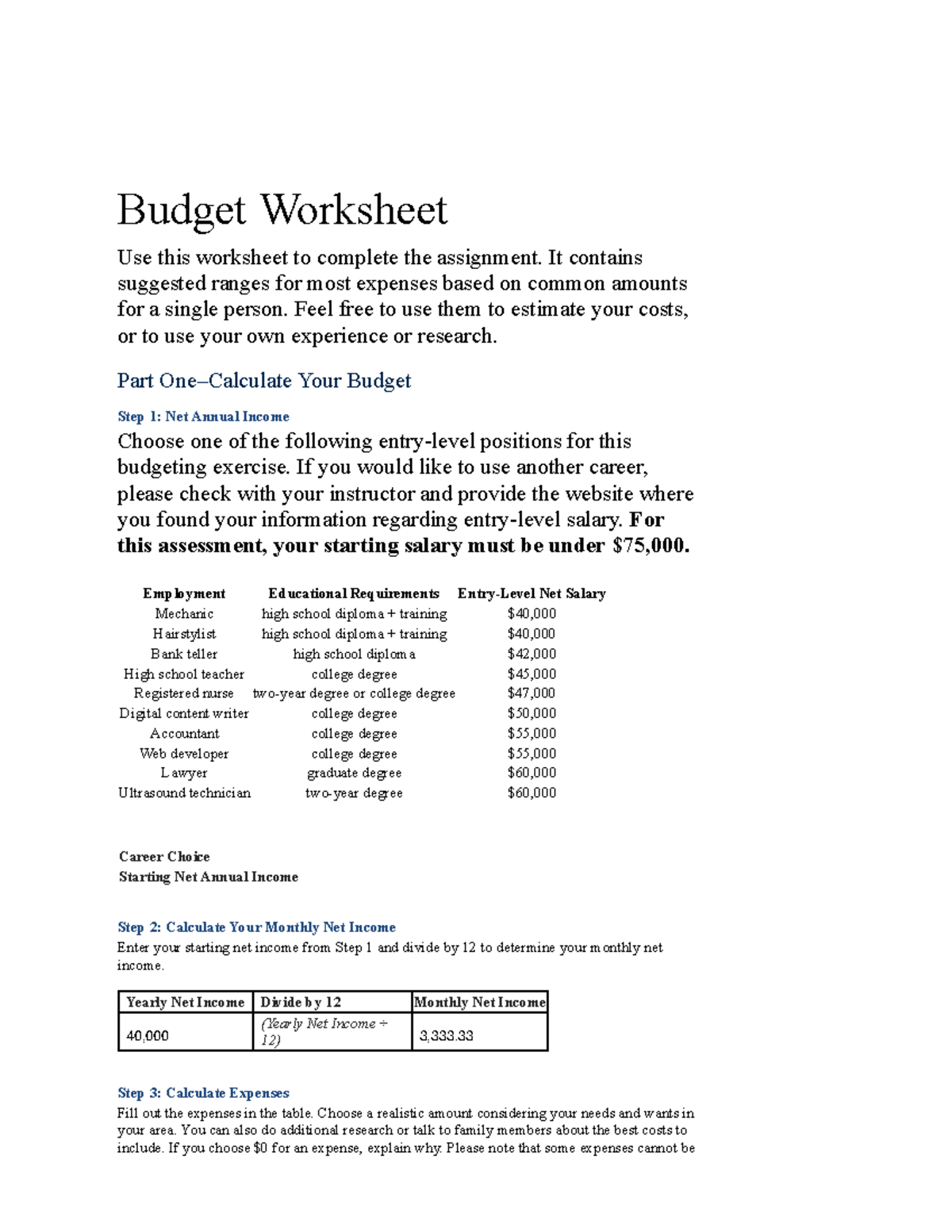 Budget Worksheet for Personal Finance Assignment (PF101) - Studocu