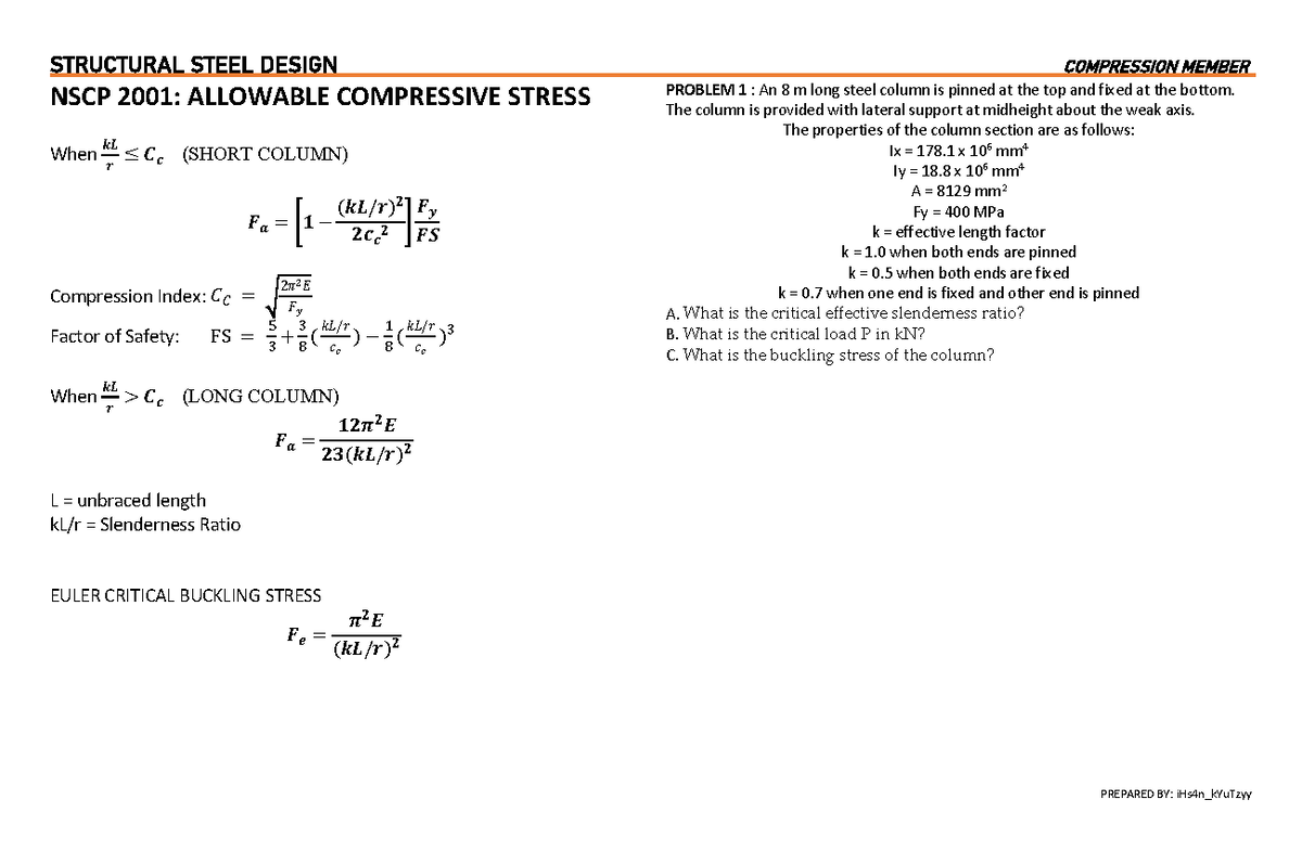 Structural Steel Design NSCP 2001: Compression Member Analysis - Studocu