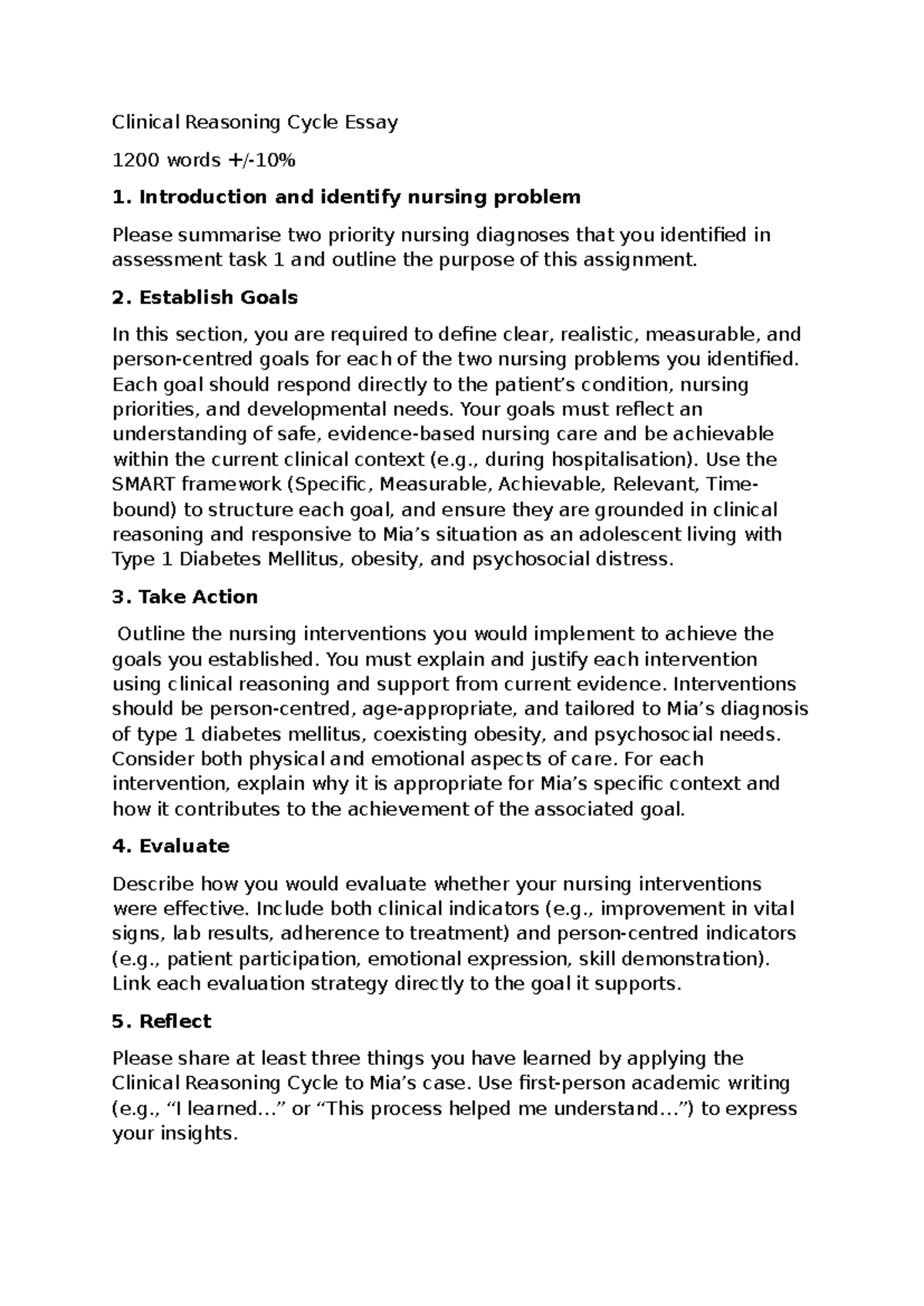 NUR 302 Clinical Reasoning Cycle Essay: Nursing Diagnoses ...