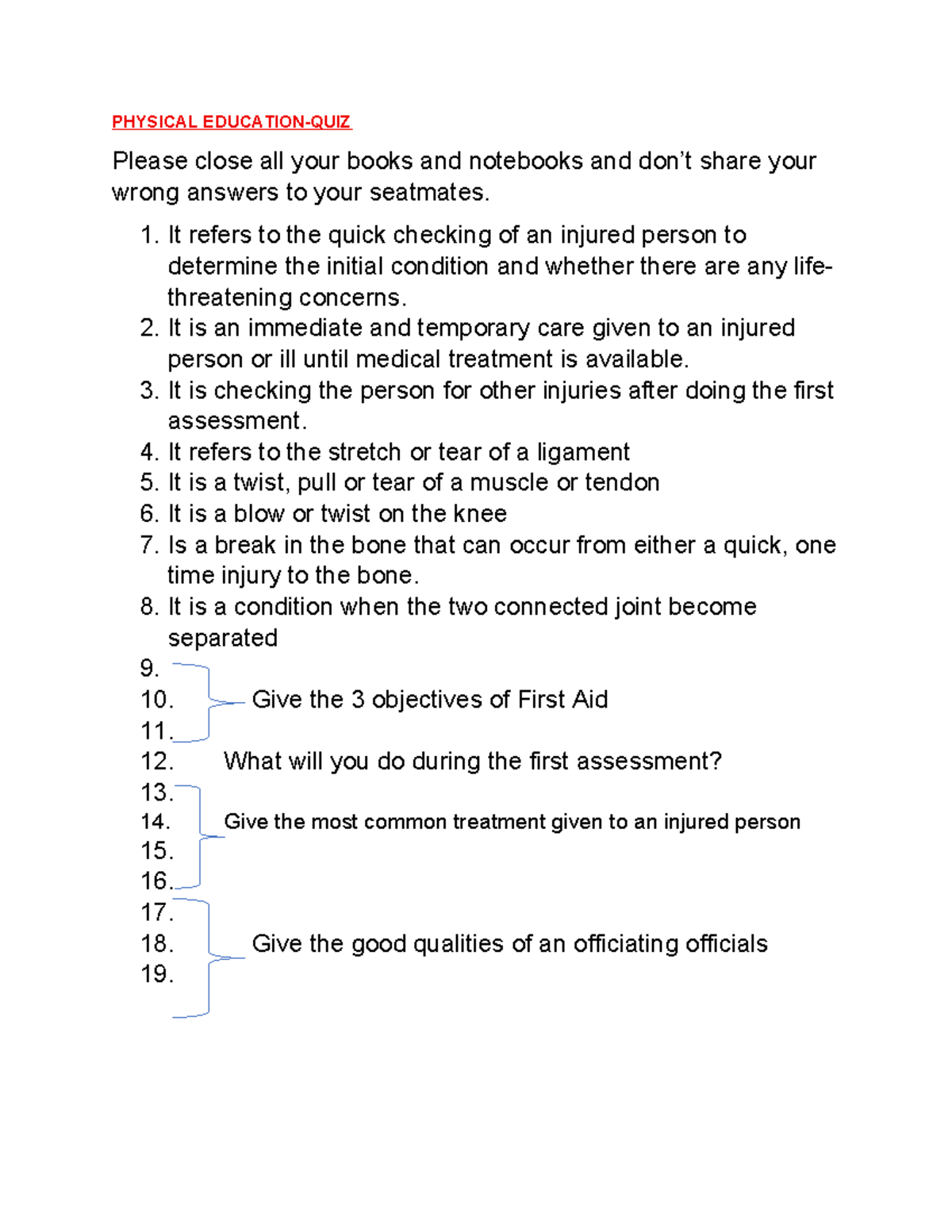 PE-Quiz: First Aid Assessment and Environmental Issues - Studocu