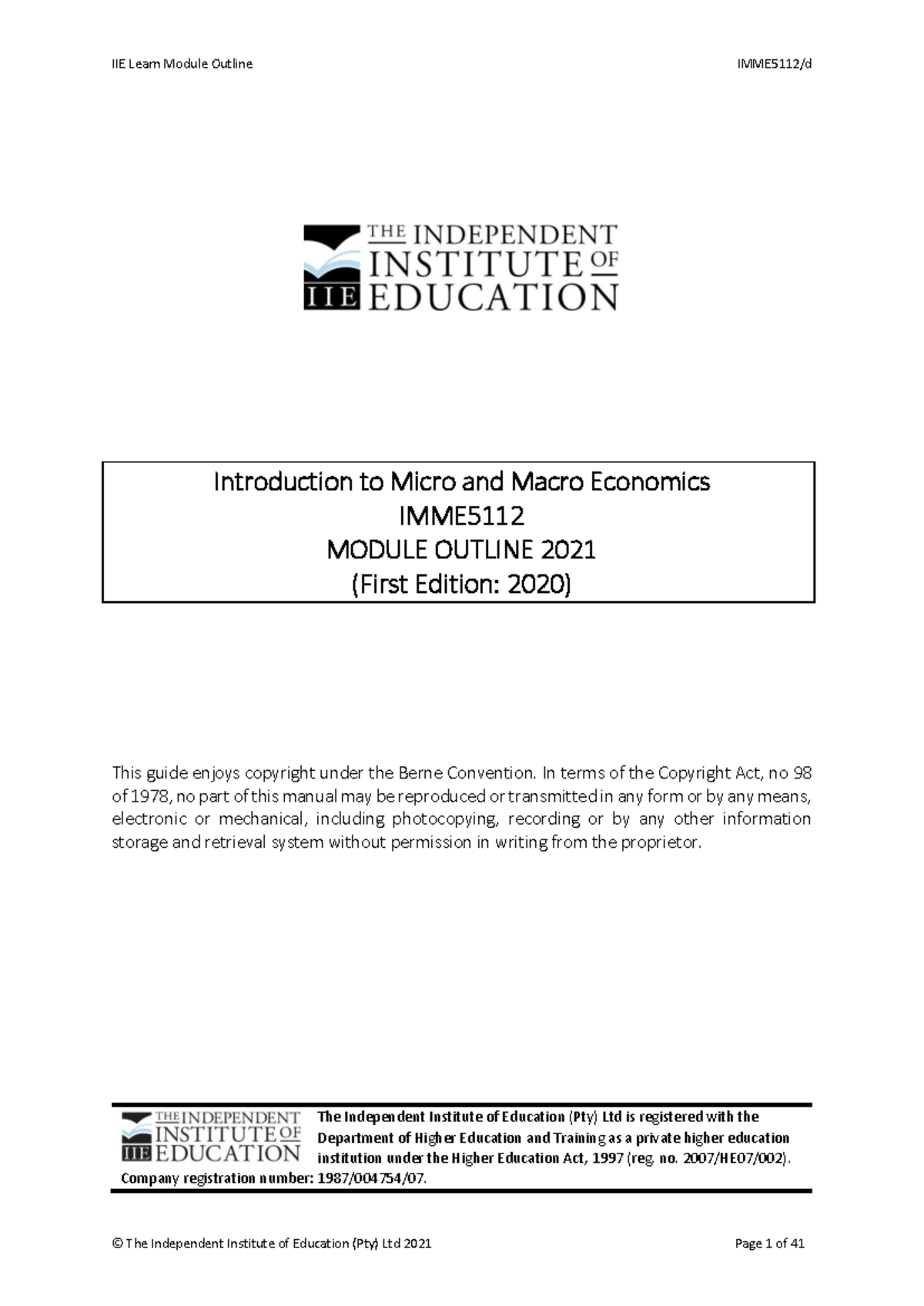 IMME5112 Learn Module Outline: Intro to Micro & Macro Economics - Studocu