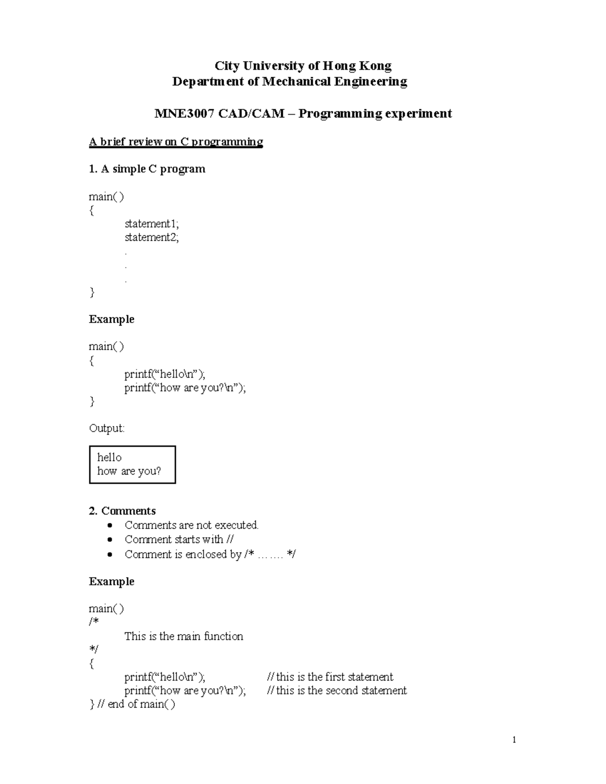 MNE3007 Programming Experiment: C Language Review and Examples - Studocu