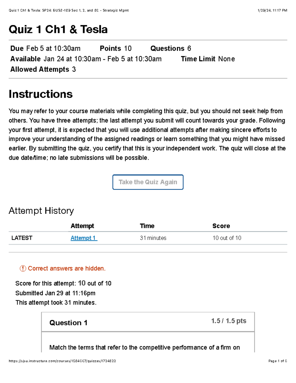Quiz 1 Ch1 Tesla SP24 BUS3 189 Sec 1 2 and 80 Strategic Mgmt - Quiz 1 ...