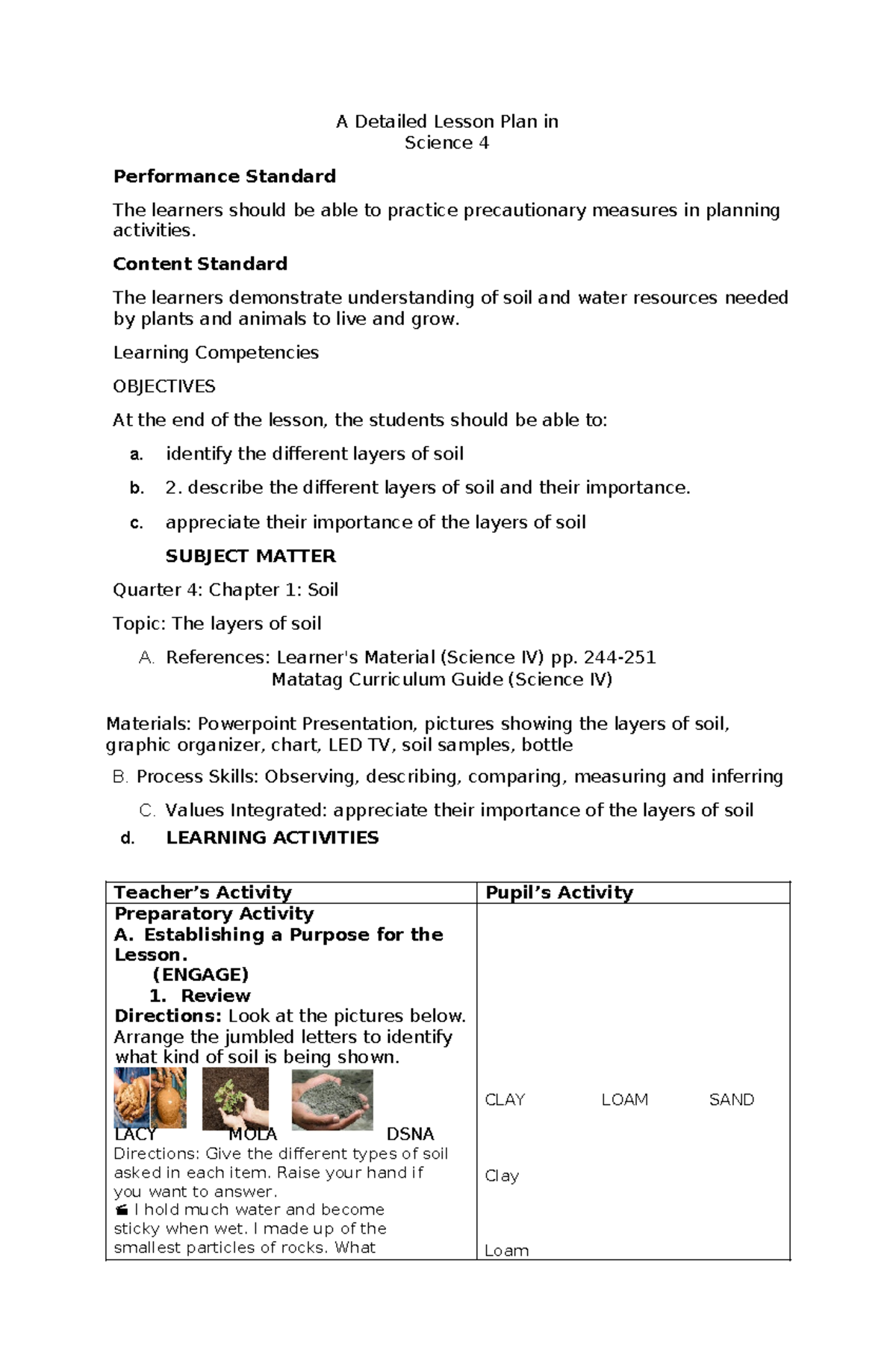 A Detailed Lesson Plan in Science IV: Understanding Soil Layers - Studocu