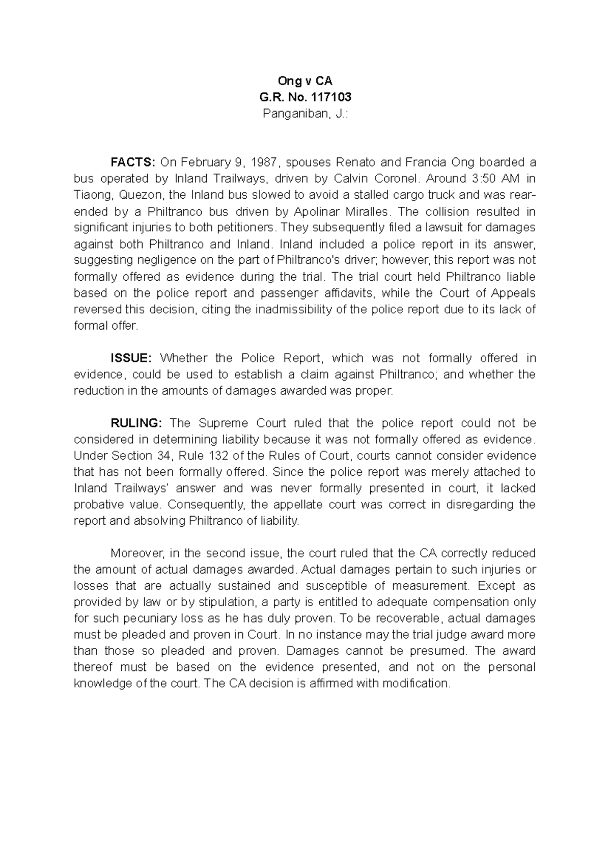 Ong v CA - case - Ong v CA G. No. 117103 Panganiban, J.: FACTS: On ...