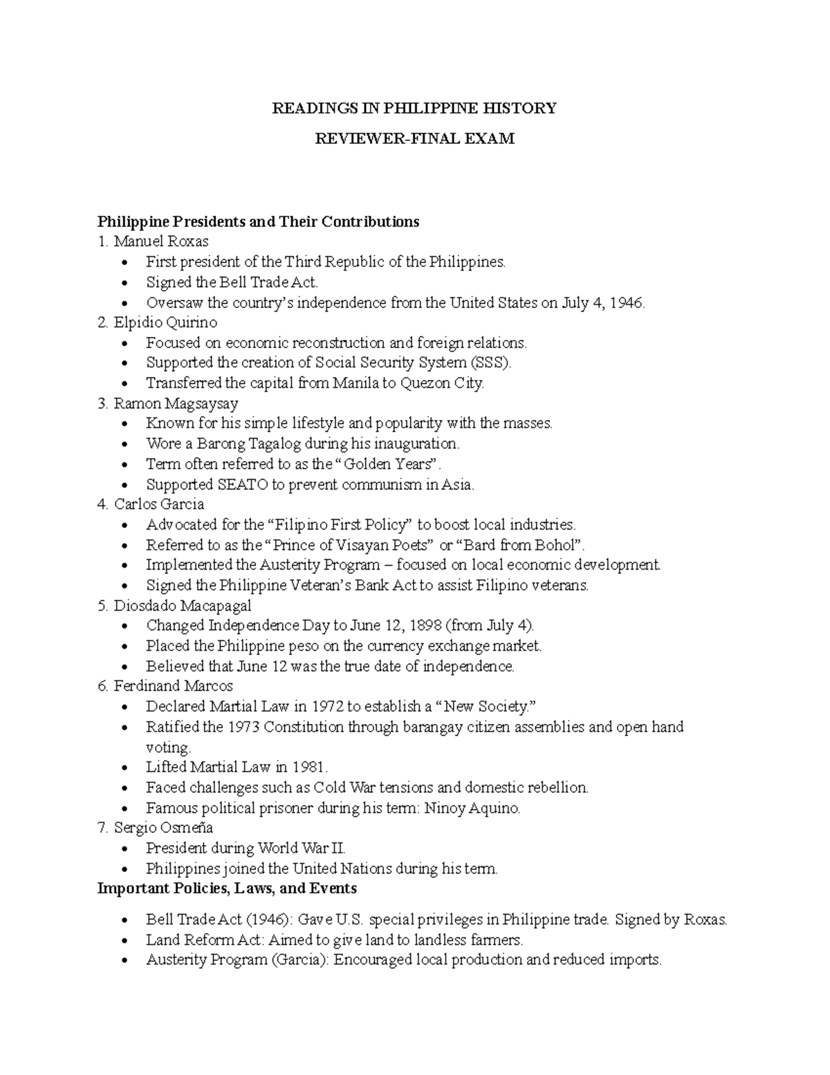 READINGS IN PHILIPPINE HISTORY (Finals Reviewer) on Presidents ...