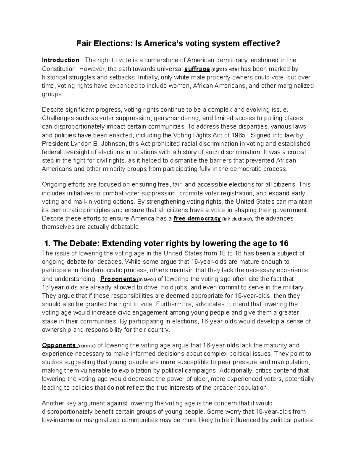 Fair Elections: Debating Voter Rights & Access in the U.S. - Studocu