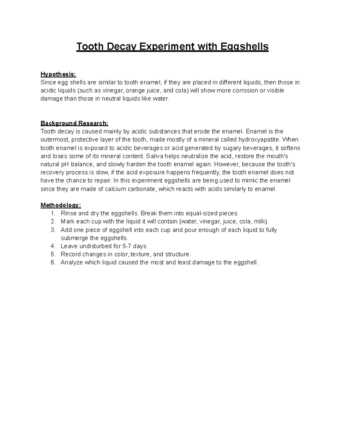 Tooth Decay Experiment: Analyzing Eggshells in Acids - Studocu