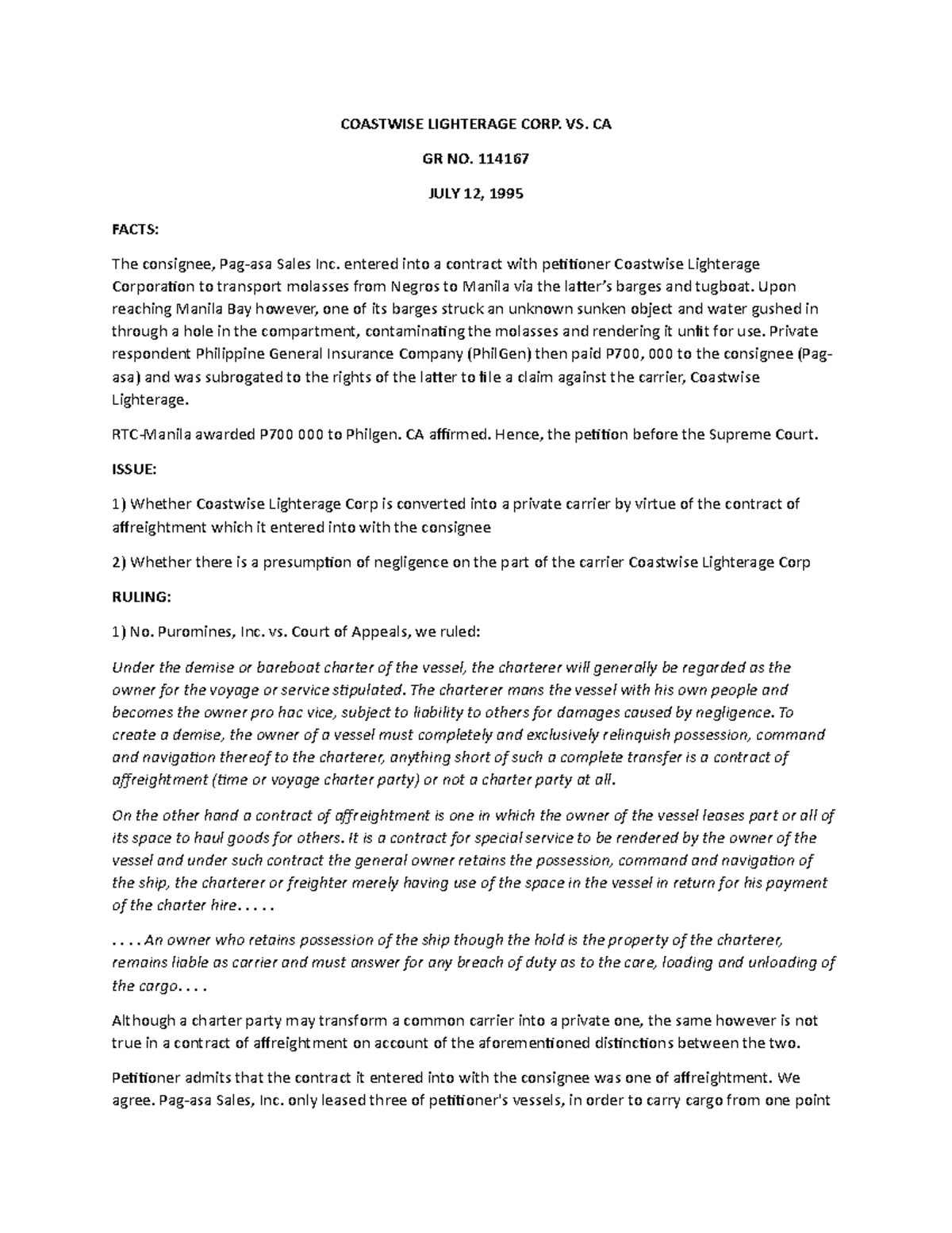 Coastwise Lighterage Corp. v. CA: SC Ruling on Carrier Liability - Studocu