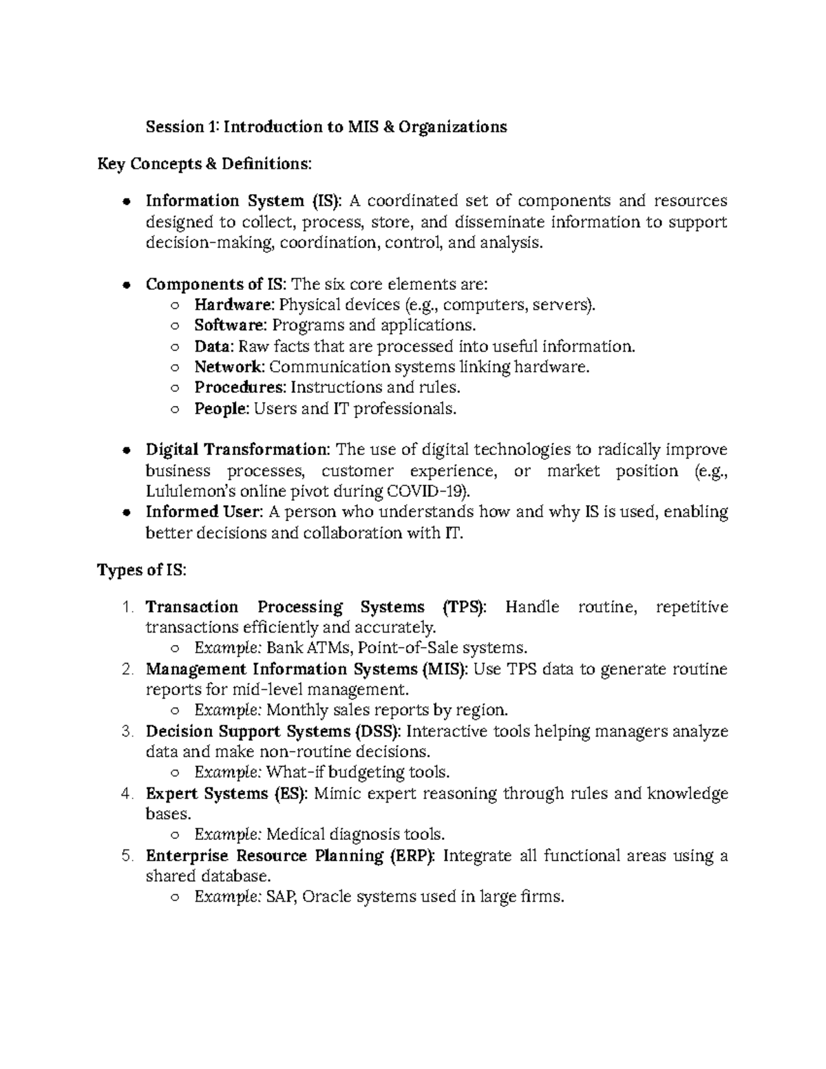 2511 Midterm Study: Key Concepts in Management Information Systems ...