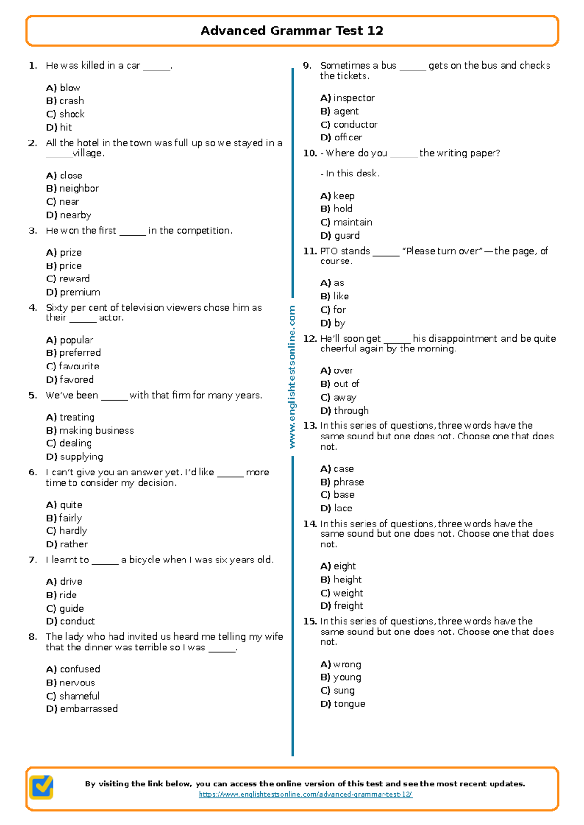 Advanced Grammar Test 12 - English Tests Online (1607) - Studocu