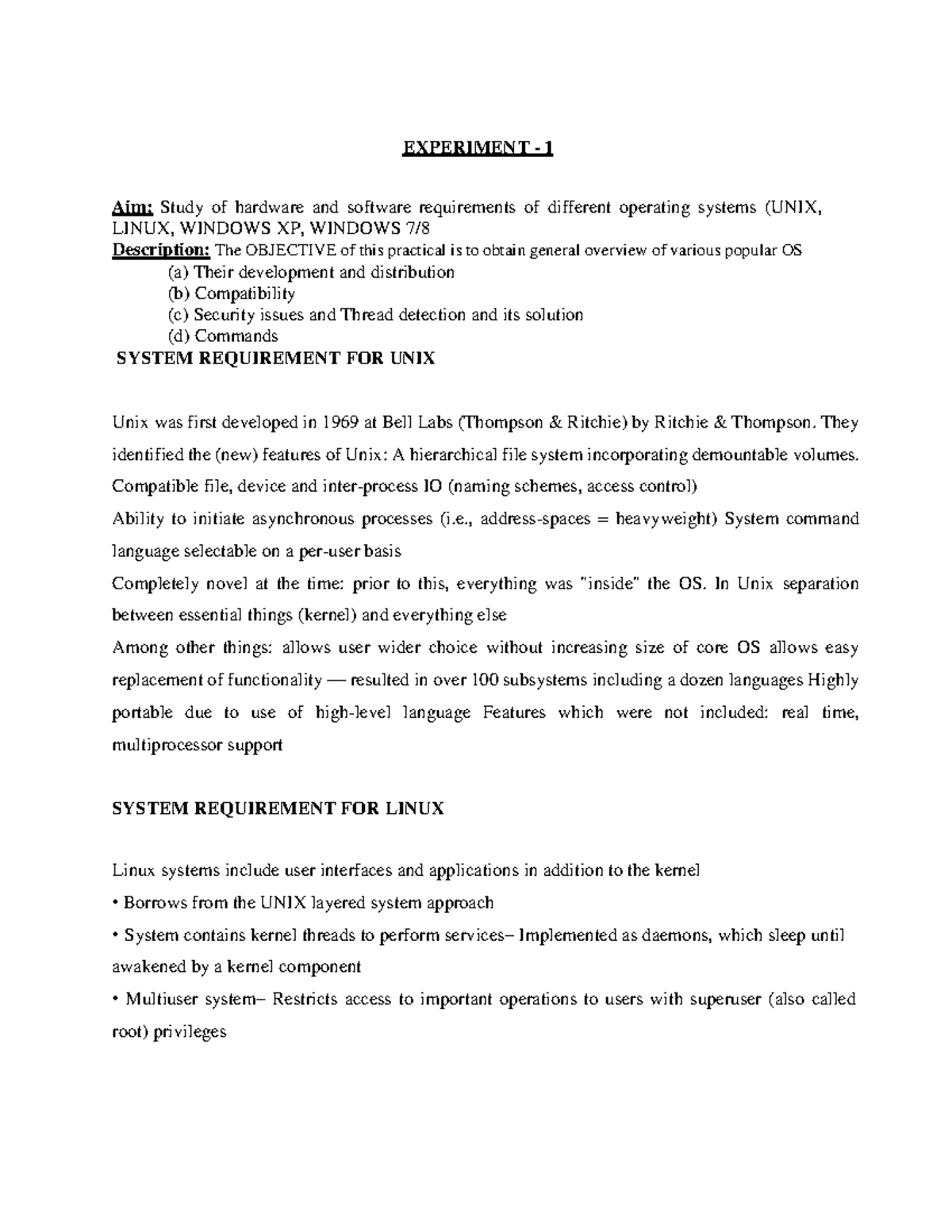 Study of OS Requirements and Commands: UNIX, LINUX, WINDOWS (CS101) - Studocu