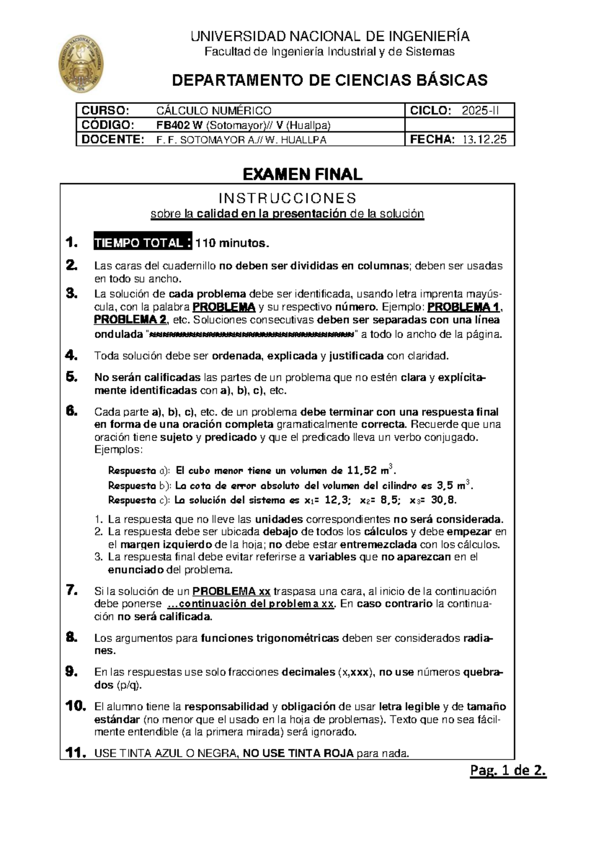 Examen Final de Cálculo Numérico FB402 - 2025-2 - Studocu