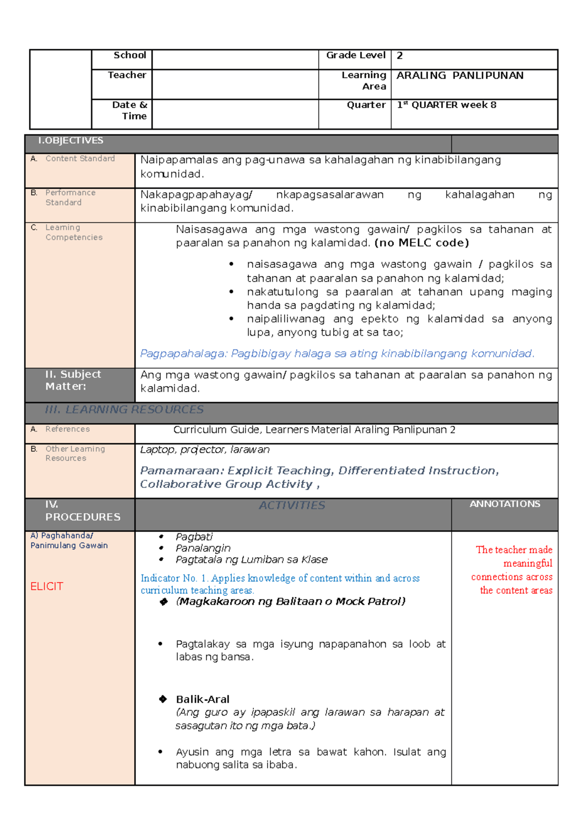 DLP AP 2 W8 - Lesson Plan for Grade 2 Araling Panlipunan - Studocu