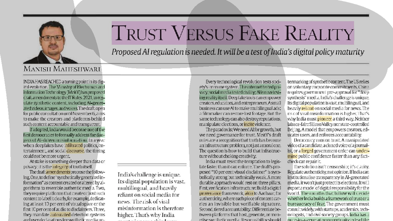 TRUST VS FAKE REALITY: Proposed AI Regulation in India - Studocu