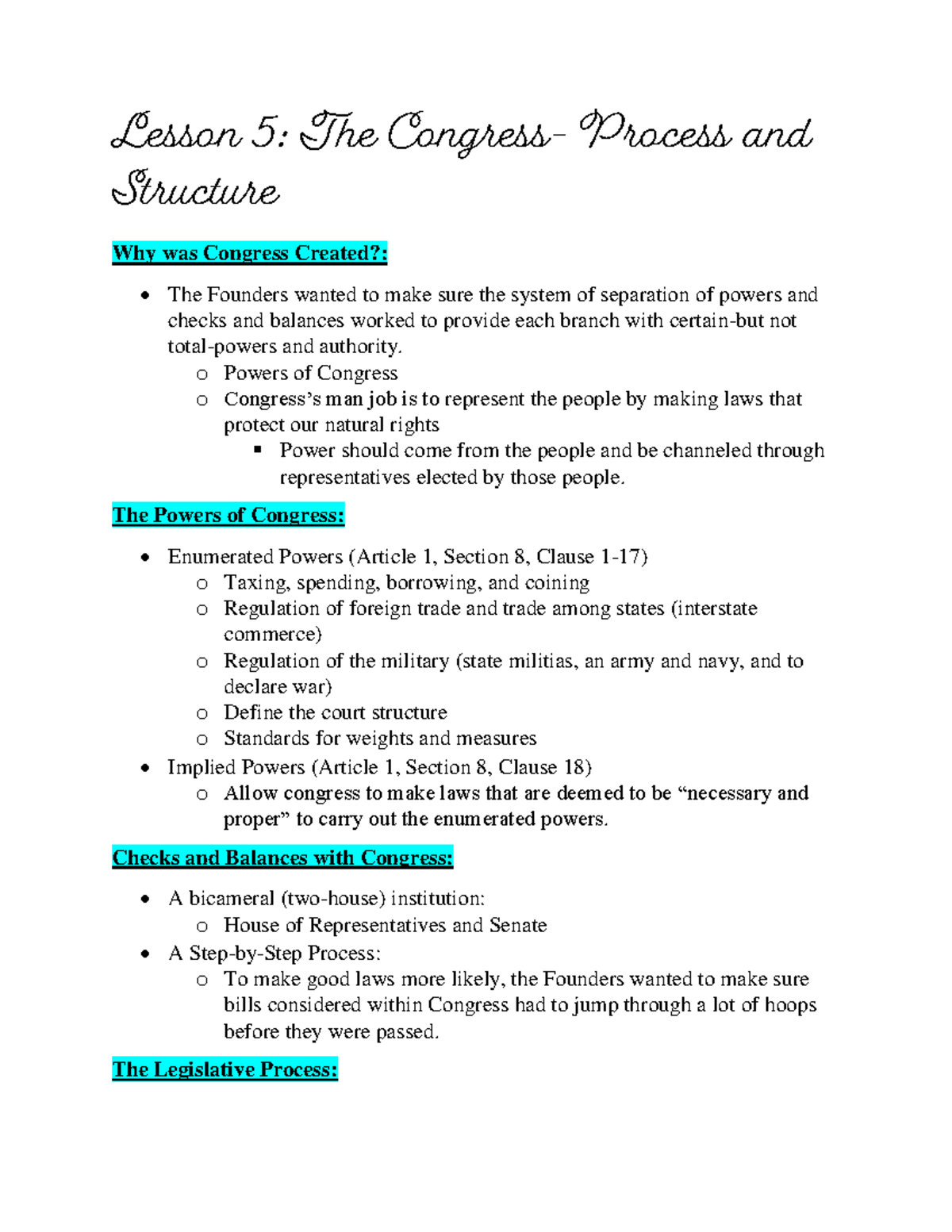 Lesson 5: The Congress - Structure, Powers, and Legislative Process ...