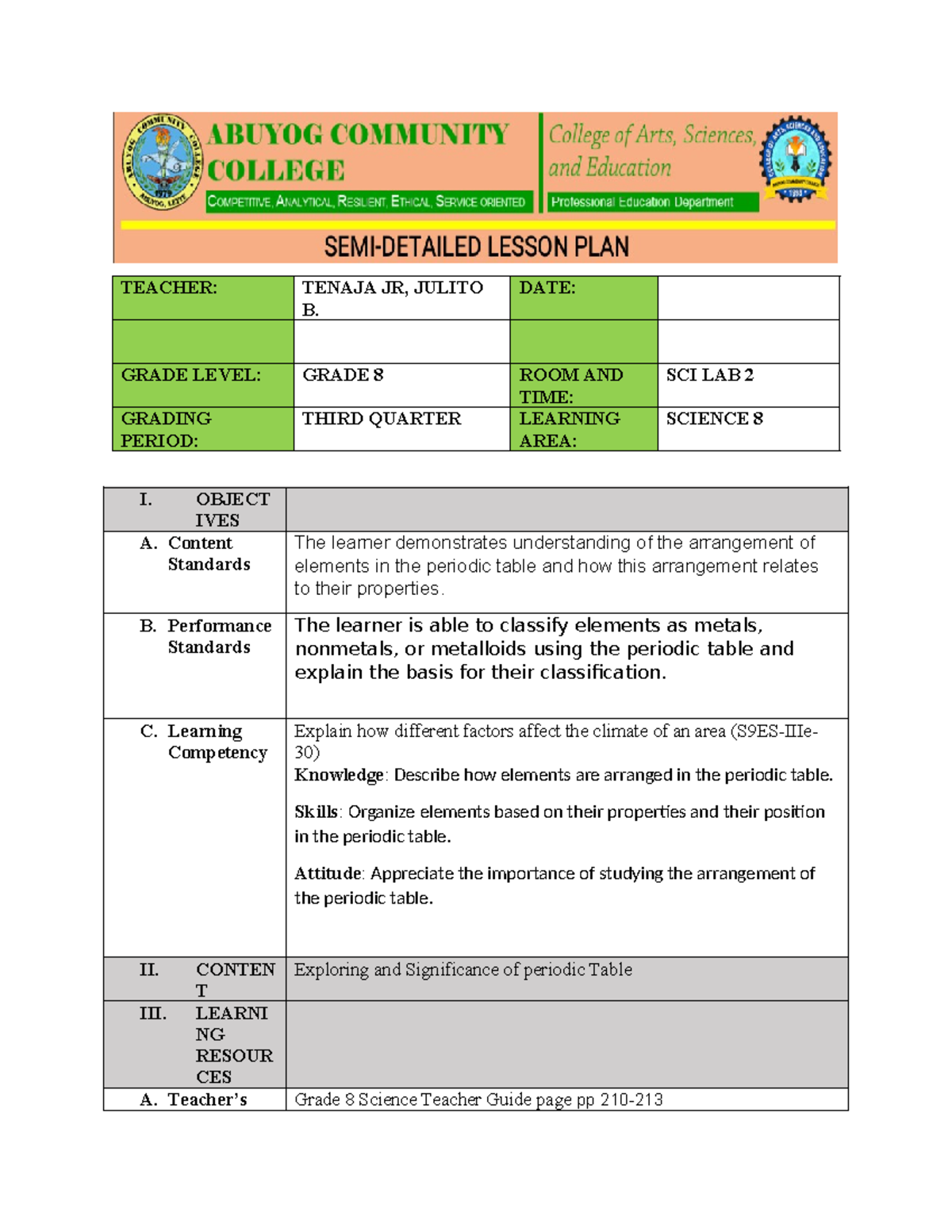 Grade 8 Science Lesson: Understanding the Periodic Table (SCI LAB 2 ...