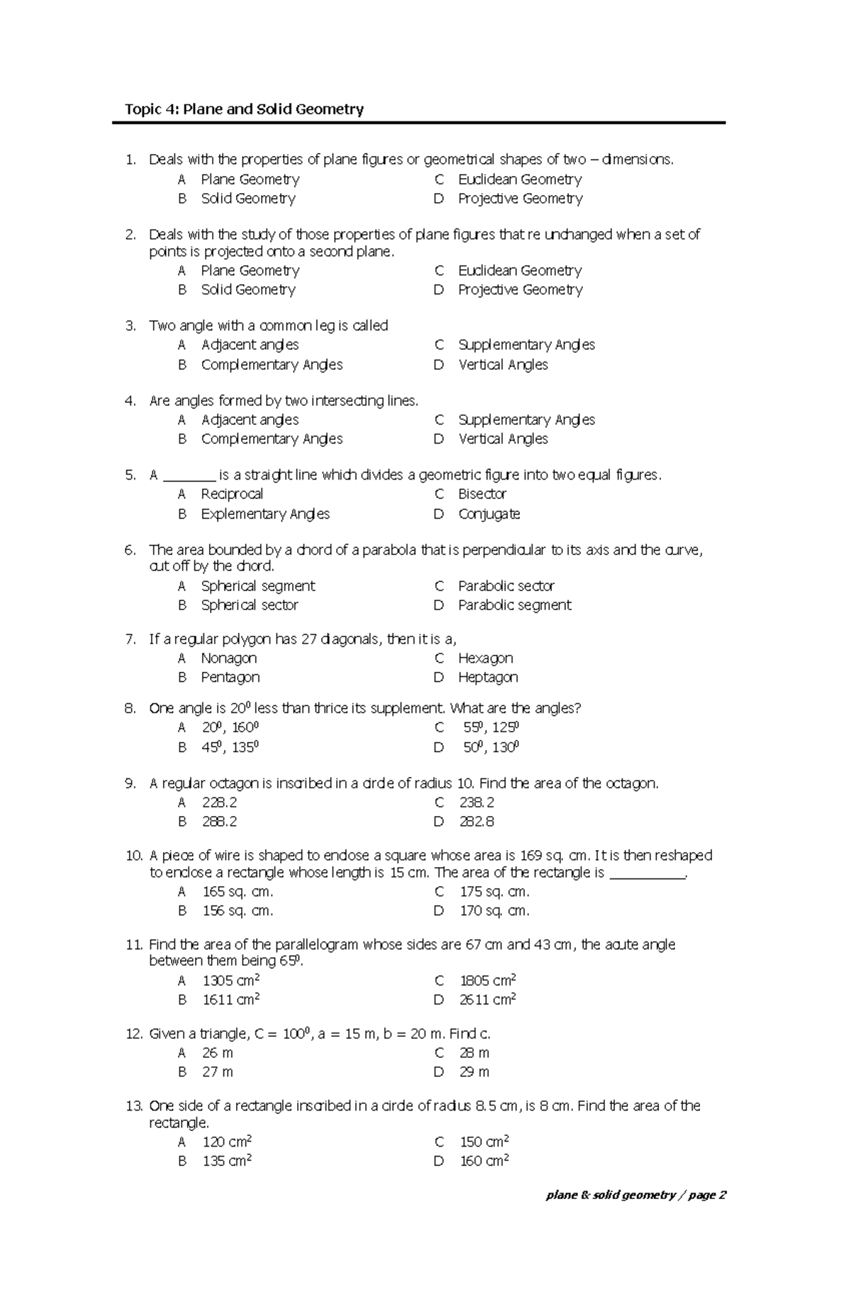 Plane & Solid Geometry Practice Problems: Topic 4 Exercises - Studocu