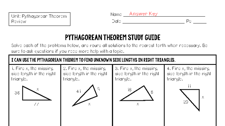Pythagorean Theorem Study Guide: Practice Problems & Solutions - Studocu