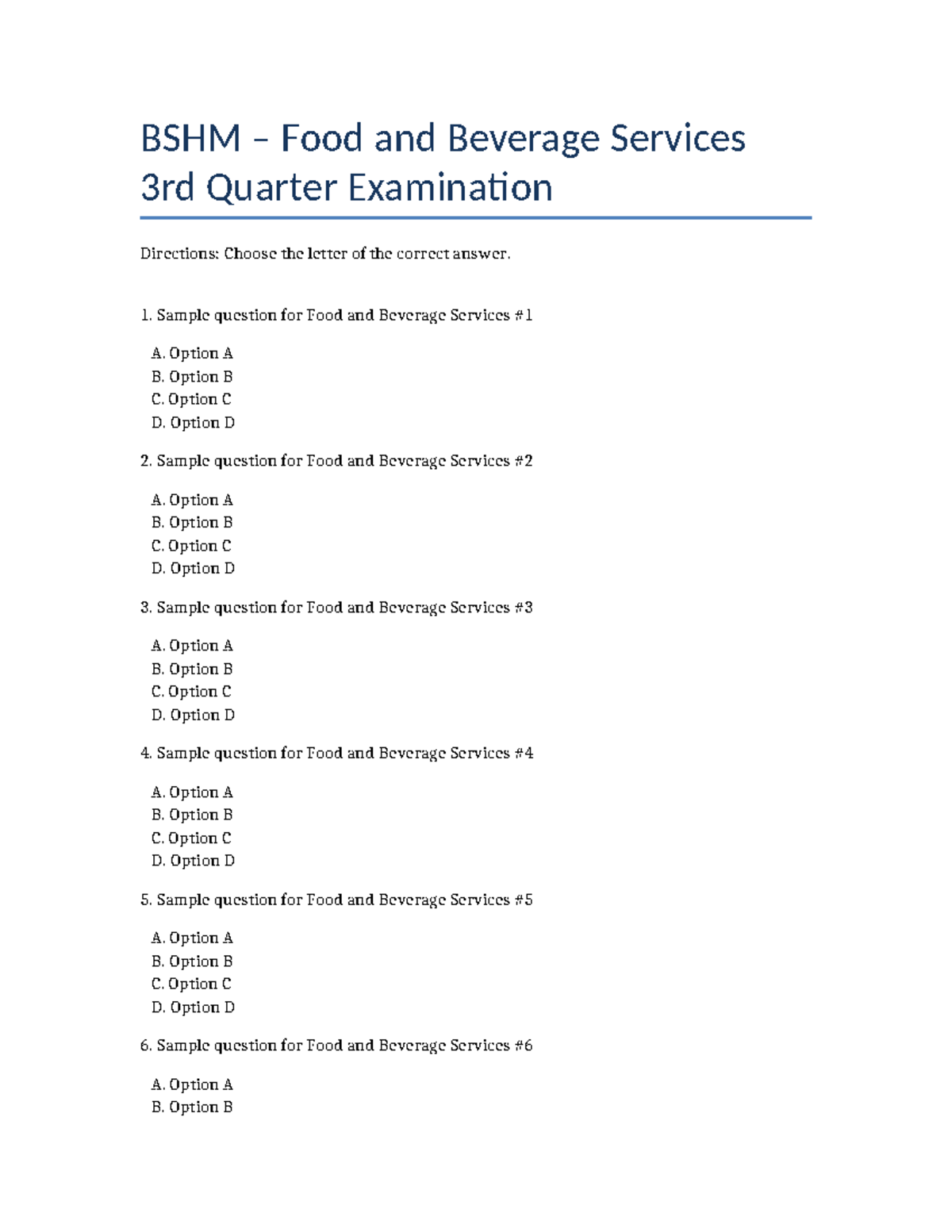 BSHM Food and Beverage Services 3rd Quarter Exam Questions & Answers ...