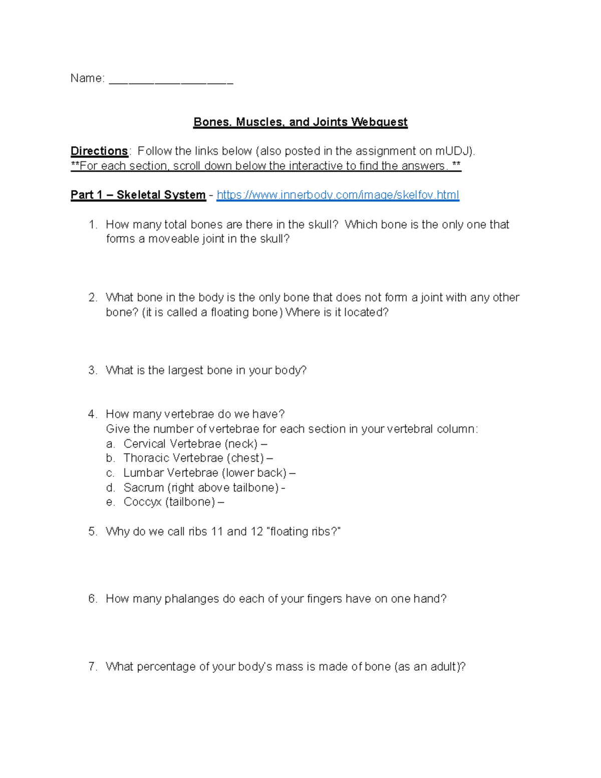 Skeletal and Muscular System Inner Body Webquest - Name ...