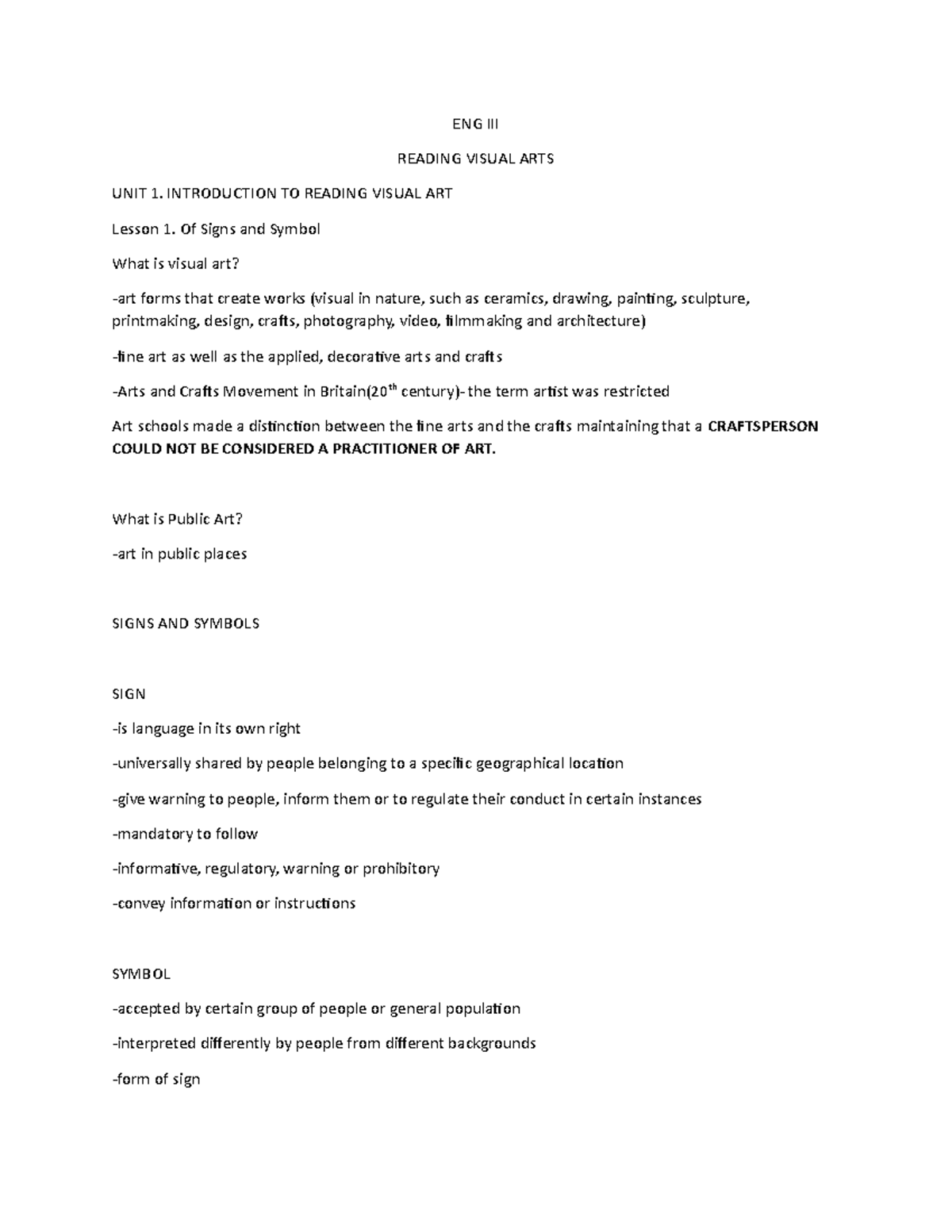 To be write - ENG 111 - ENG III READING VISUAL ARTS UNIT 1 ...