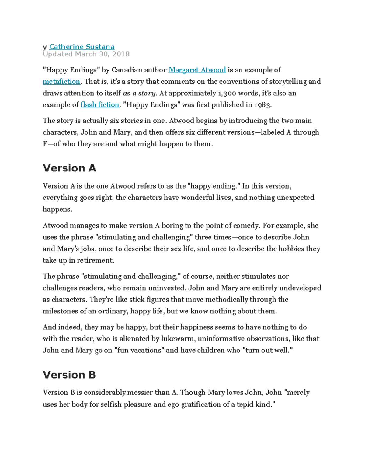Analysis of Happy Endings by Margaret Atwood by Catherine Sustana - y ...