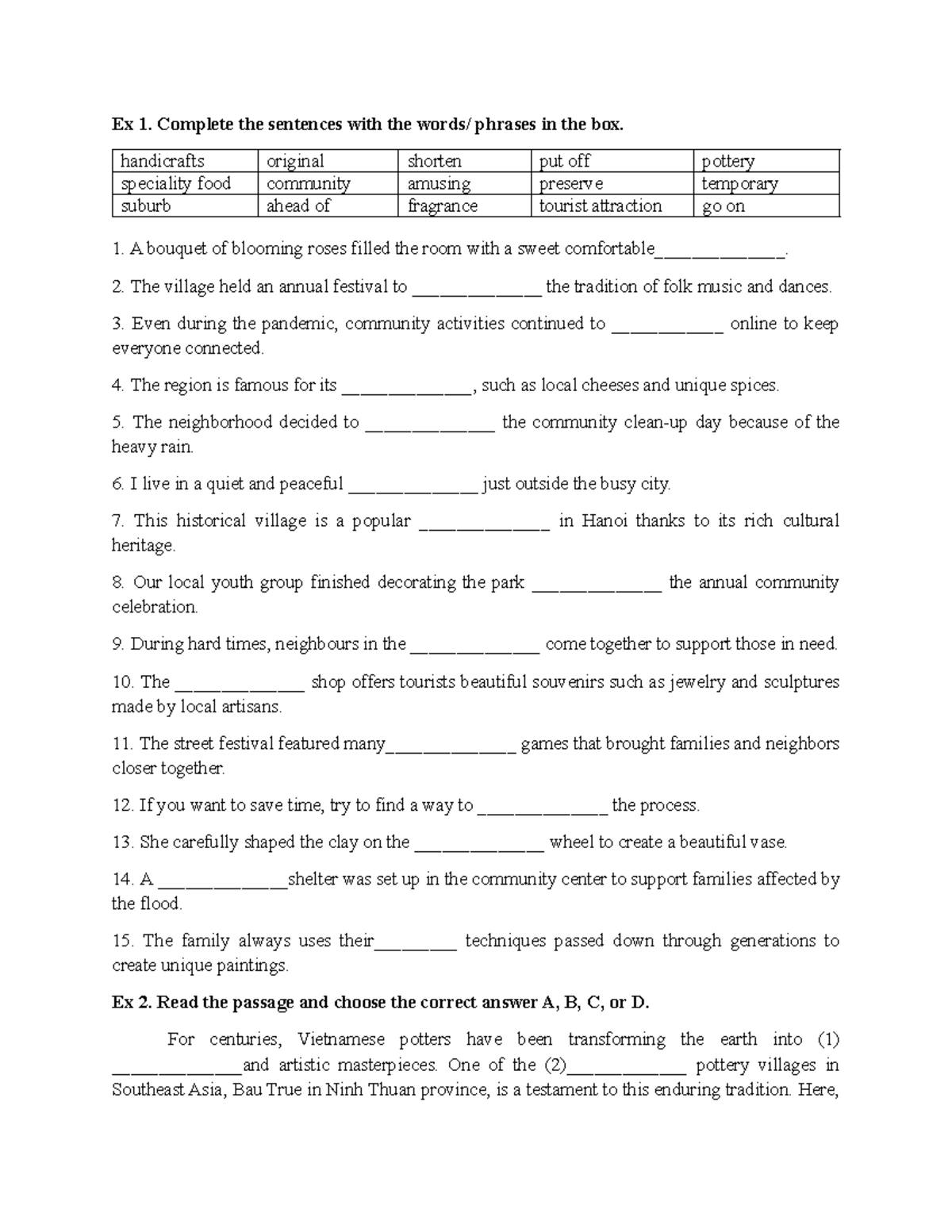 UNIT 1 Vocabulary Test: Complete the Sentences & Reading Comprehension ...