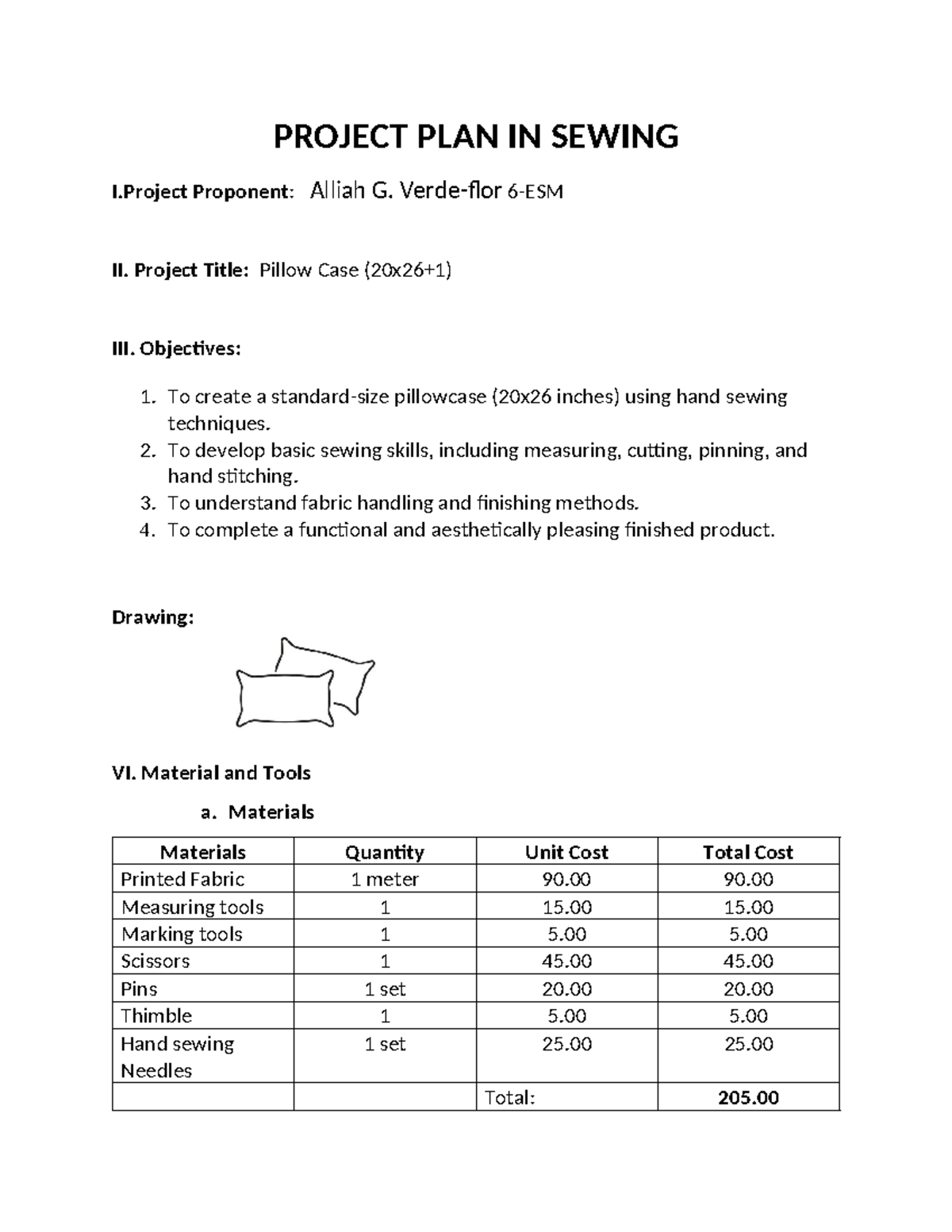 Sewing I Project Plan: Creating a 20x26 Inch Pillowcase - Studocu