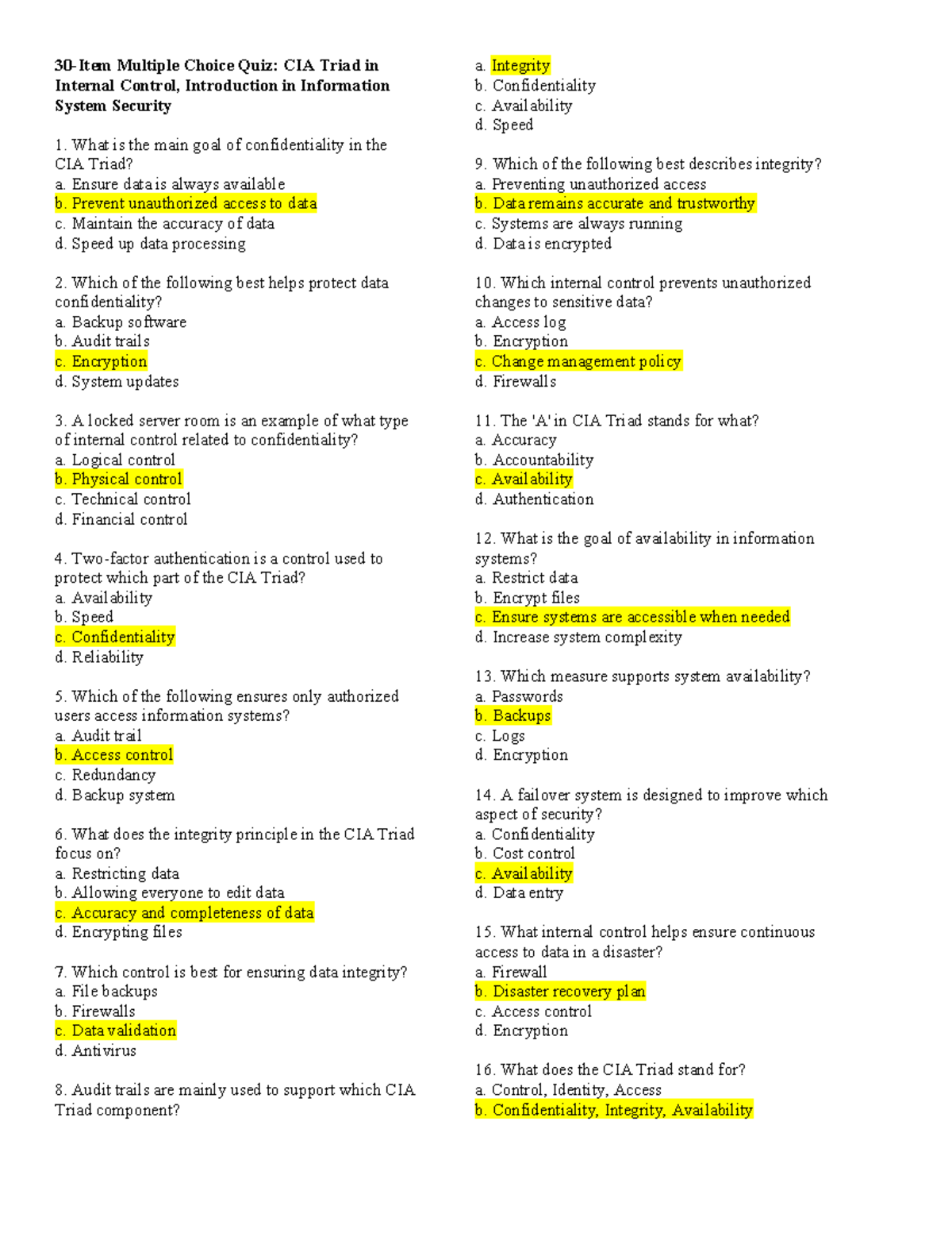 Multiple Choice Quiz: CIA Triad in Internal Control (SEC 1) - Studocu
