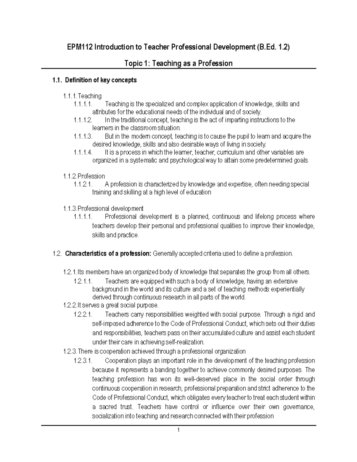 EPM112 Teacher Professional Development: Teaching as a Profession & Standards - Studocu