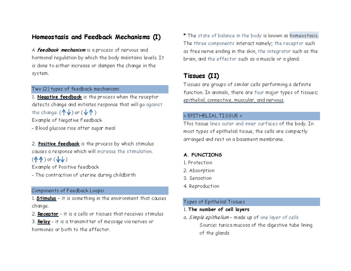 (shs) Gen. Bio 2 - Homeostatis, Feedback Mechanism, Tissues ...
