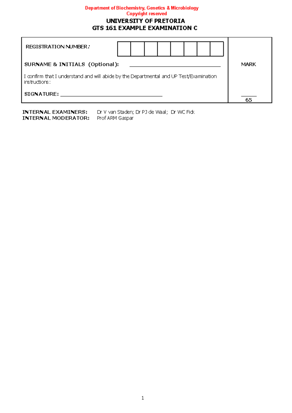 GTS 161 Example Exam C - Past Paper with Genetic Questions - Studocu