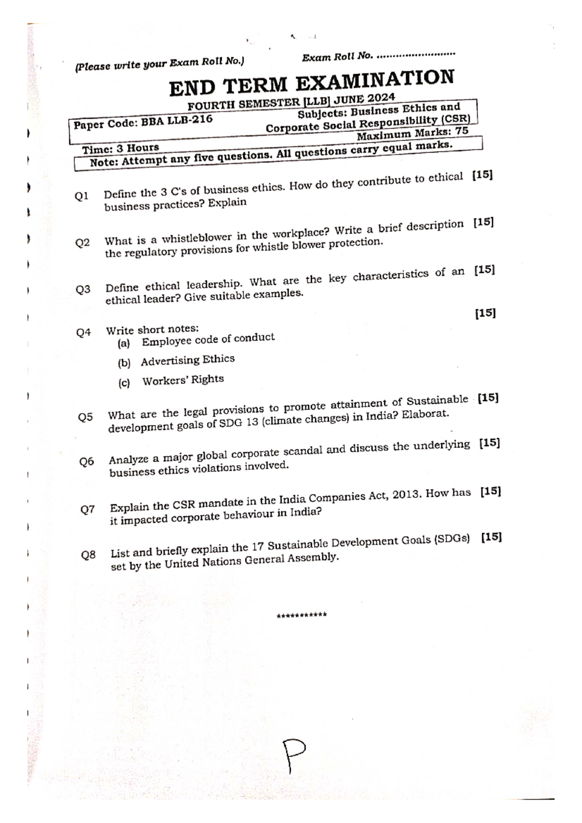 Business Ethics and CSR QP - GGSIPU June 2024 Exam Paper (75 Marks ...