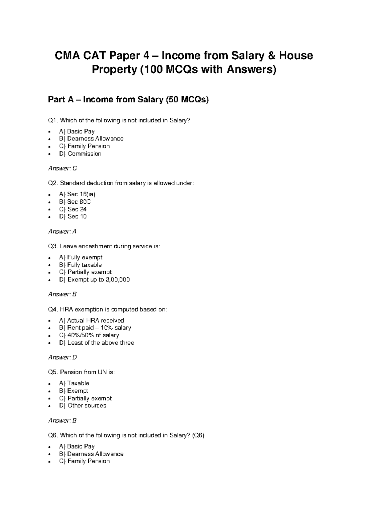 CMA CAT Paper 4: 100 MCQs on Income from Salary & House Property - Studocu