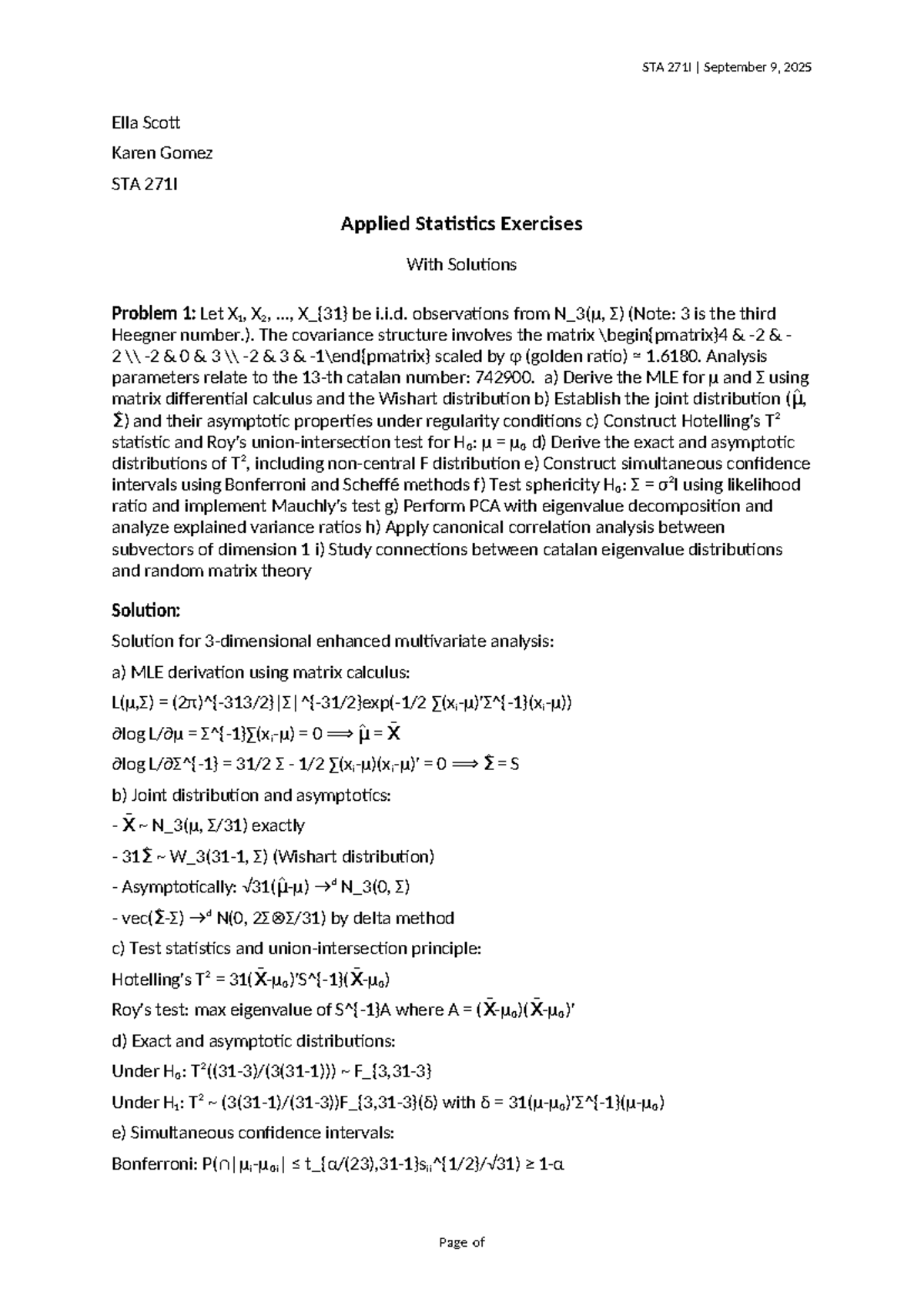 STA 271I Advanced Statistical Analysis Exercises with Solutions - Studocu