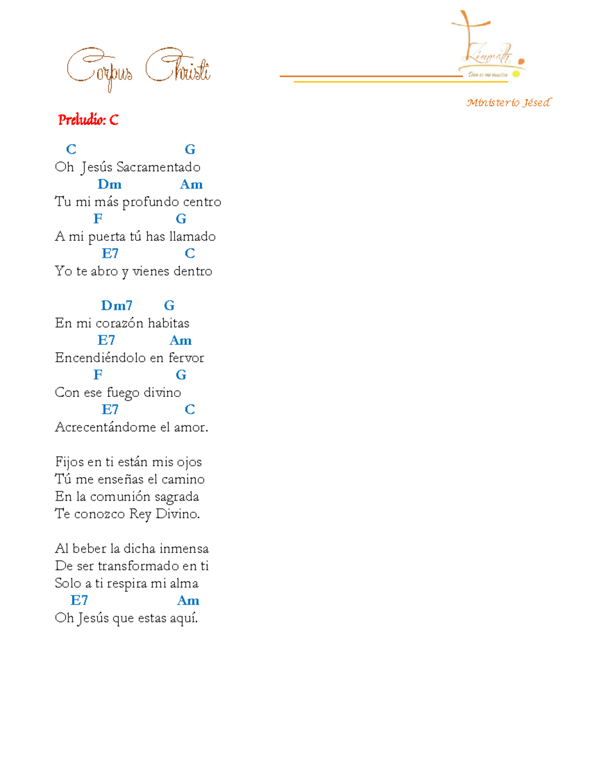 Corpus Christi - Ministerio Jésed Musical Score and Lyrics - Studocu