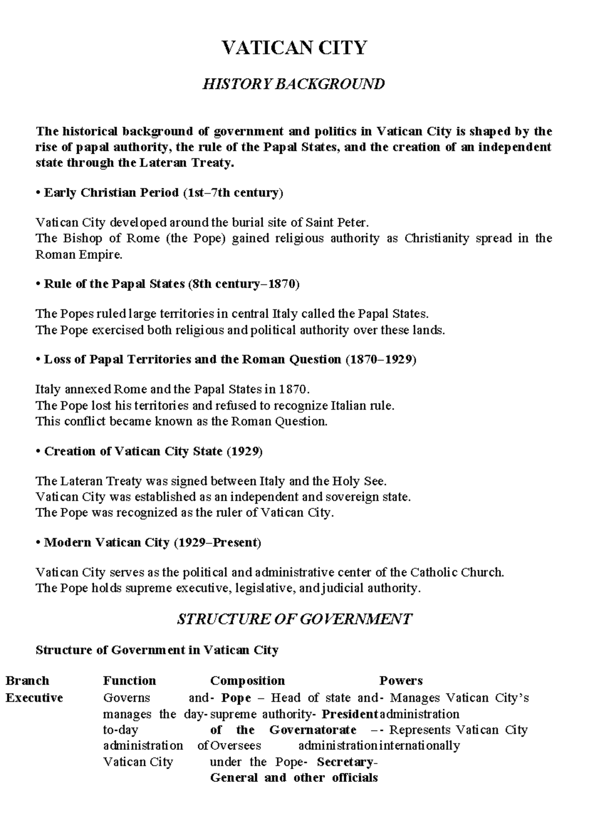 VATICAN CITY GOVT STRUCTURE: HISTORY & FUNCTIONS - Studocu