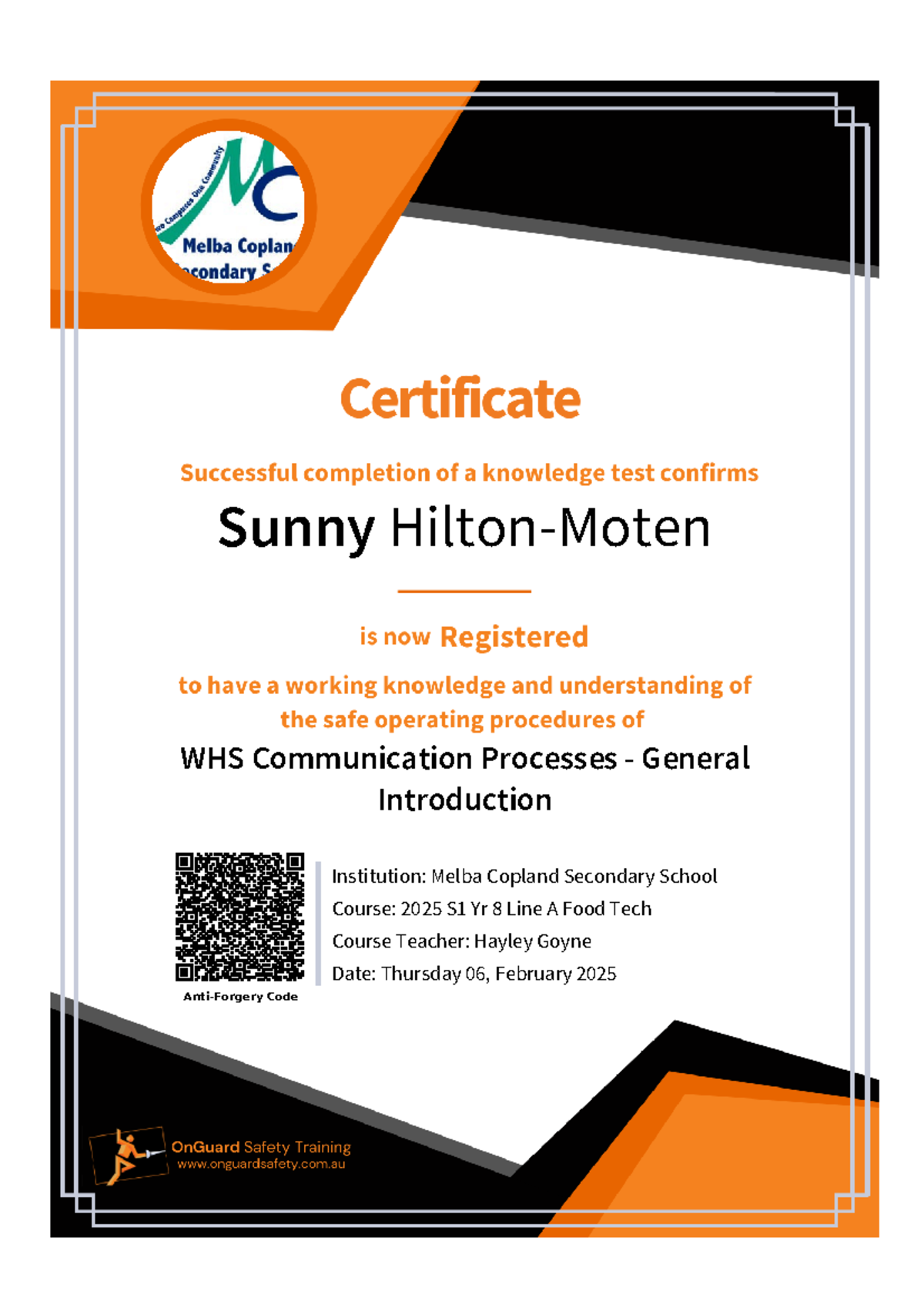 Knowledge Certificate (21) - 8776 - Sunny Hilton-Moten WHS ...