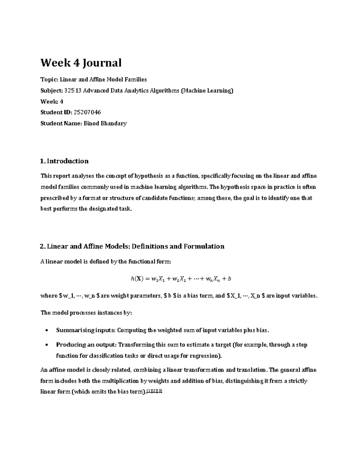 Week 4 Journal: Linear & Affine Models in ML (32513) - Studocu