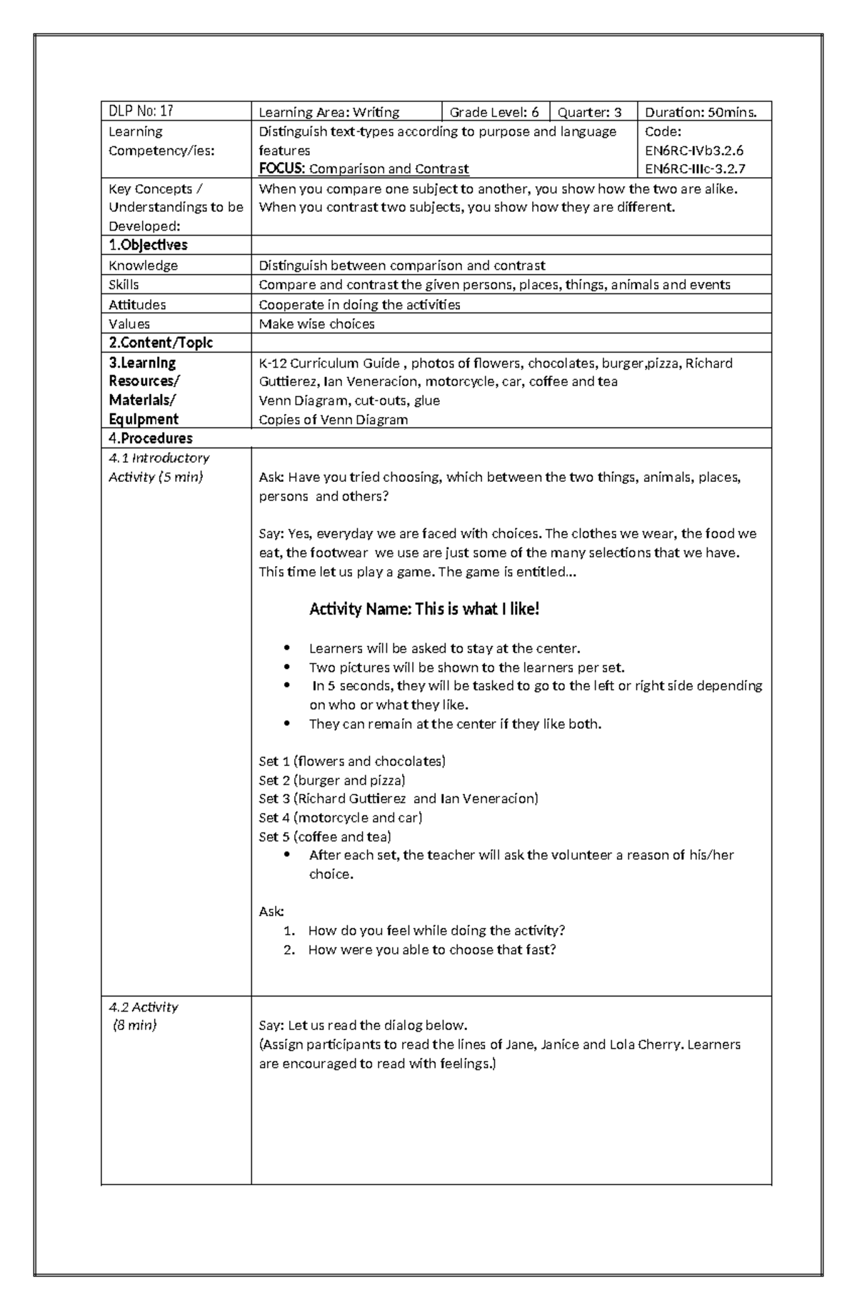 EN6 Writing: Comparison and Contrast Lesson Plan for Grade 6 - Studocu