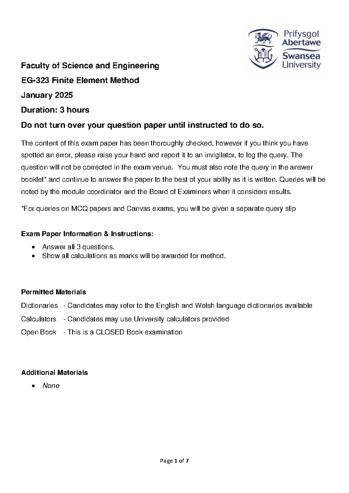 EG-323 Finite Element Method Exam - January 2025 - Studocu