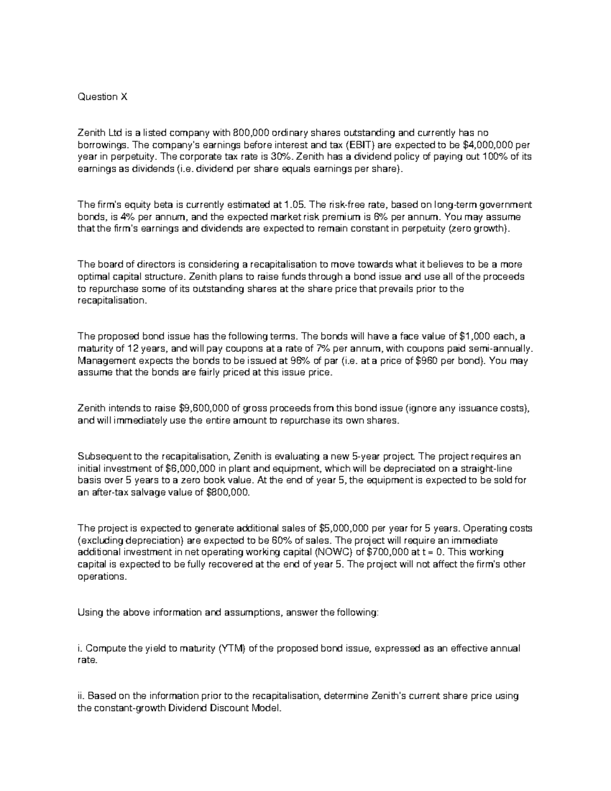 Zenith Ltd Recapitalisation Analysis: Bond YTM & Share Price Evaluation ...