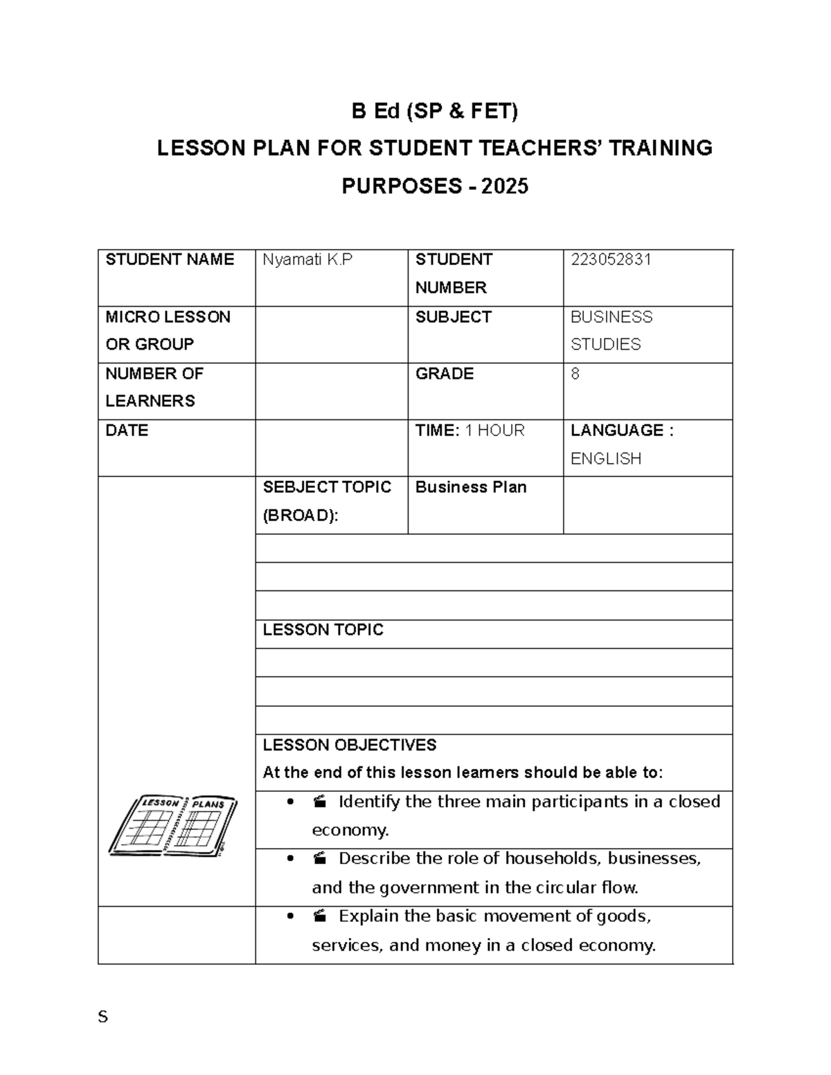 B Ed (SP FET) Grade 8 Business Studies Lesson Plan 2025 - Studocu