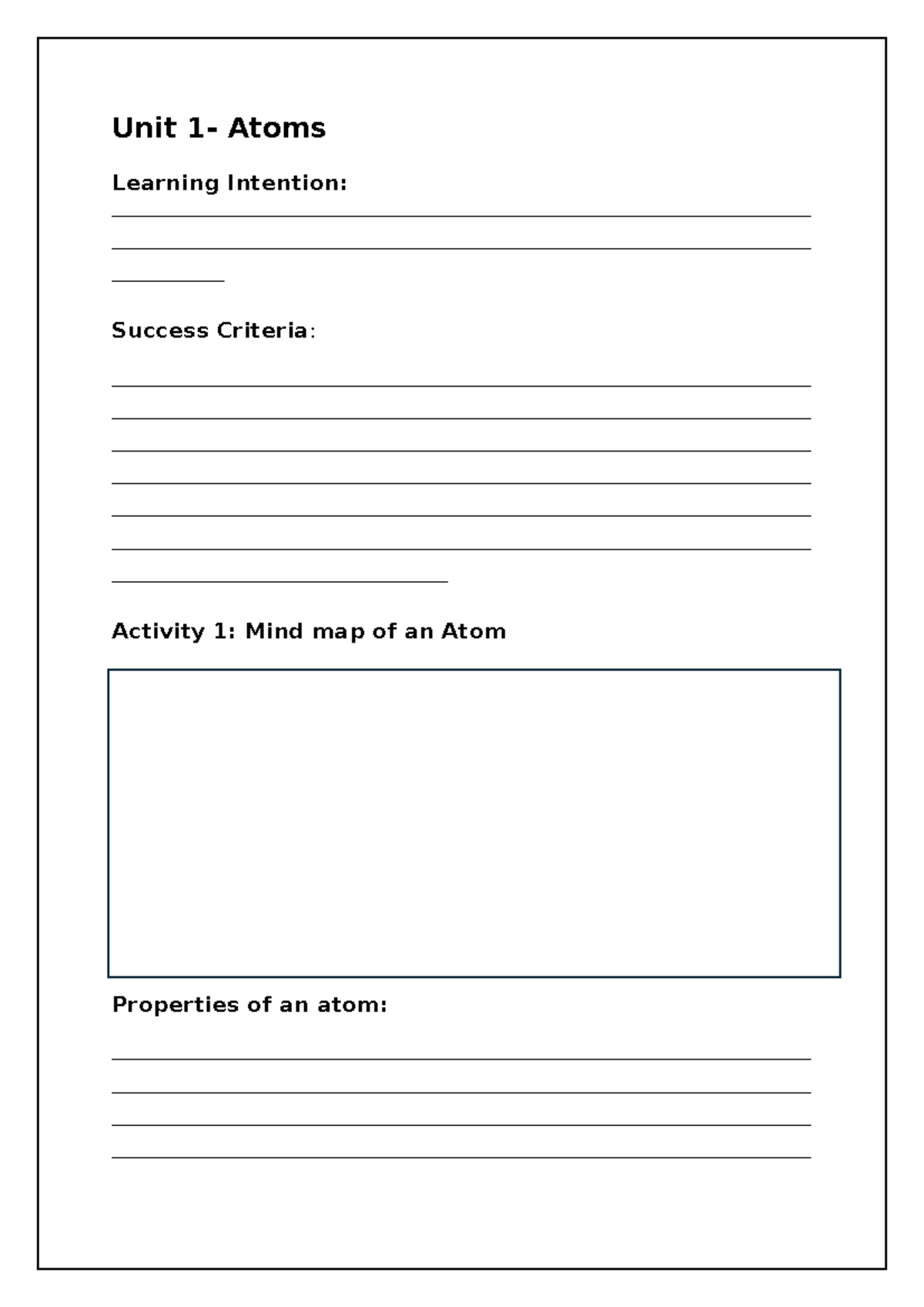 YR 9 UNIT 1 - Atoms Worksheet and Activities for Understanding - Studocu