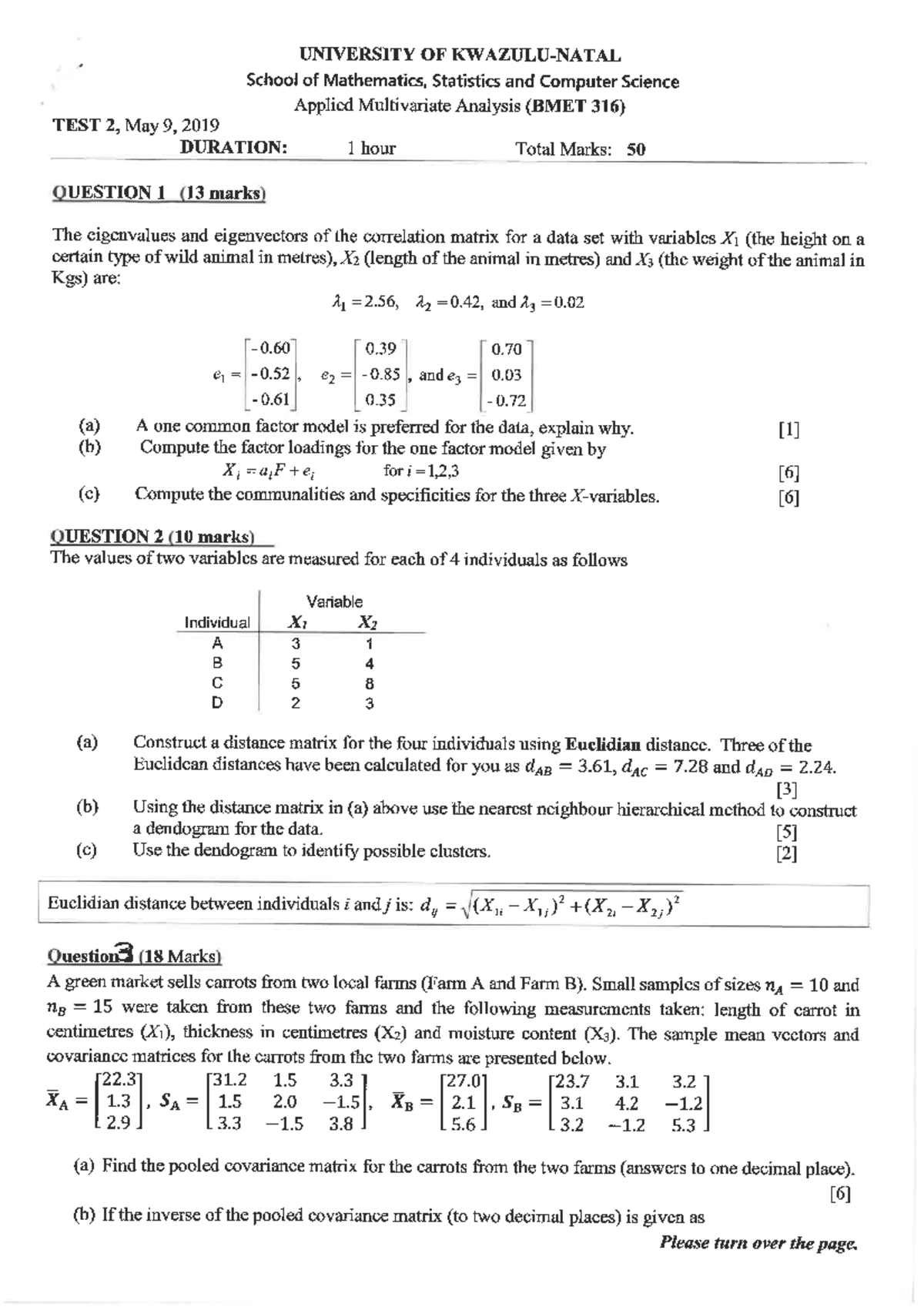 BMET 316 Applied Multivariate Analysis Test 2 - May 2019 - Studocu