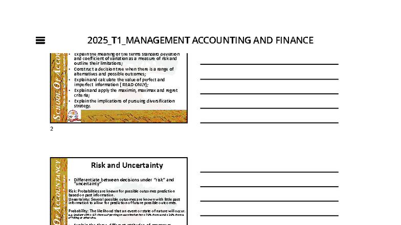 Accountancy Solutions: Risk & Uncertainty Analysis (ACCT 2025) - Studocu