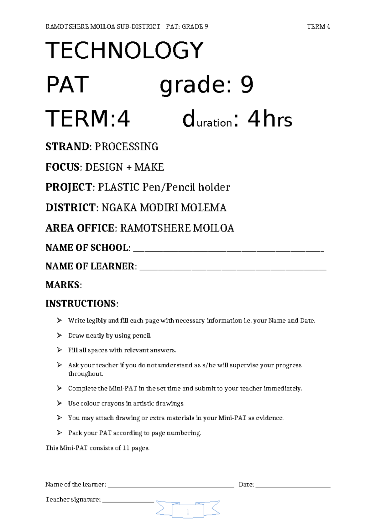 PAT Grade 9 Term 4: Technology Project on Plastic Holder Design - Studocu